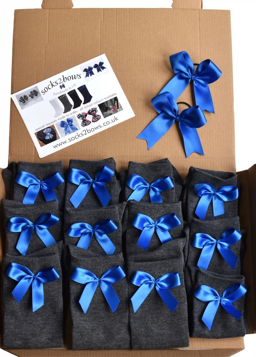 Grey Socks and Royal Blue Bows Box Set - Bow Socks with Matching Bobbles