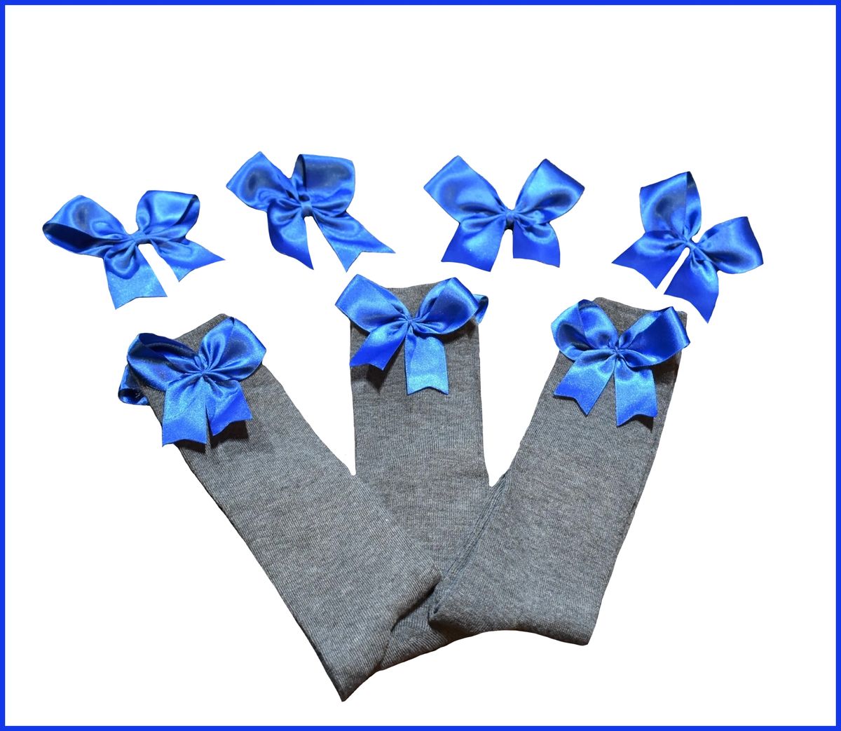 Grey School Socks with Royal Blue Handmade Bows