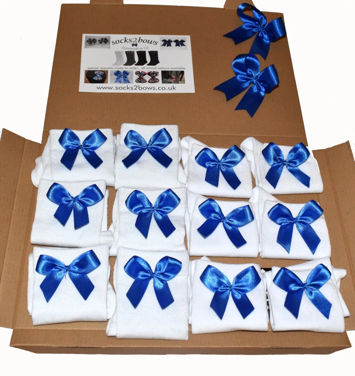 White Socks and Royal Blue Bow Box Set - Bow Socks with Matching Bobbles