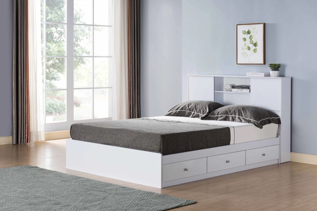 FC Design Full Platform Storage Bed with 3 Drawers in White Finish