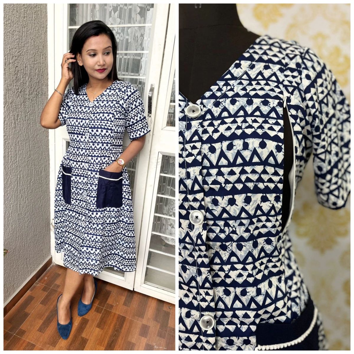 Ink Blue Crepe Dress With Pockets