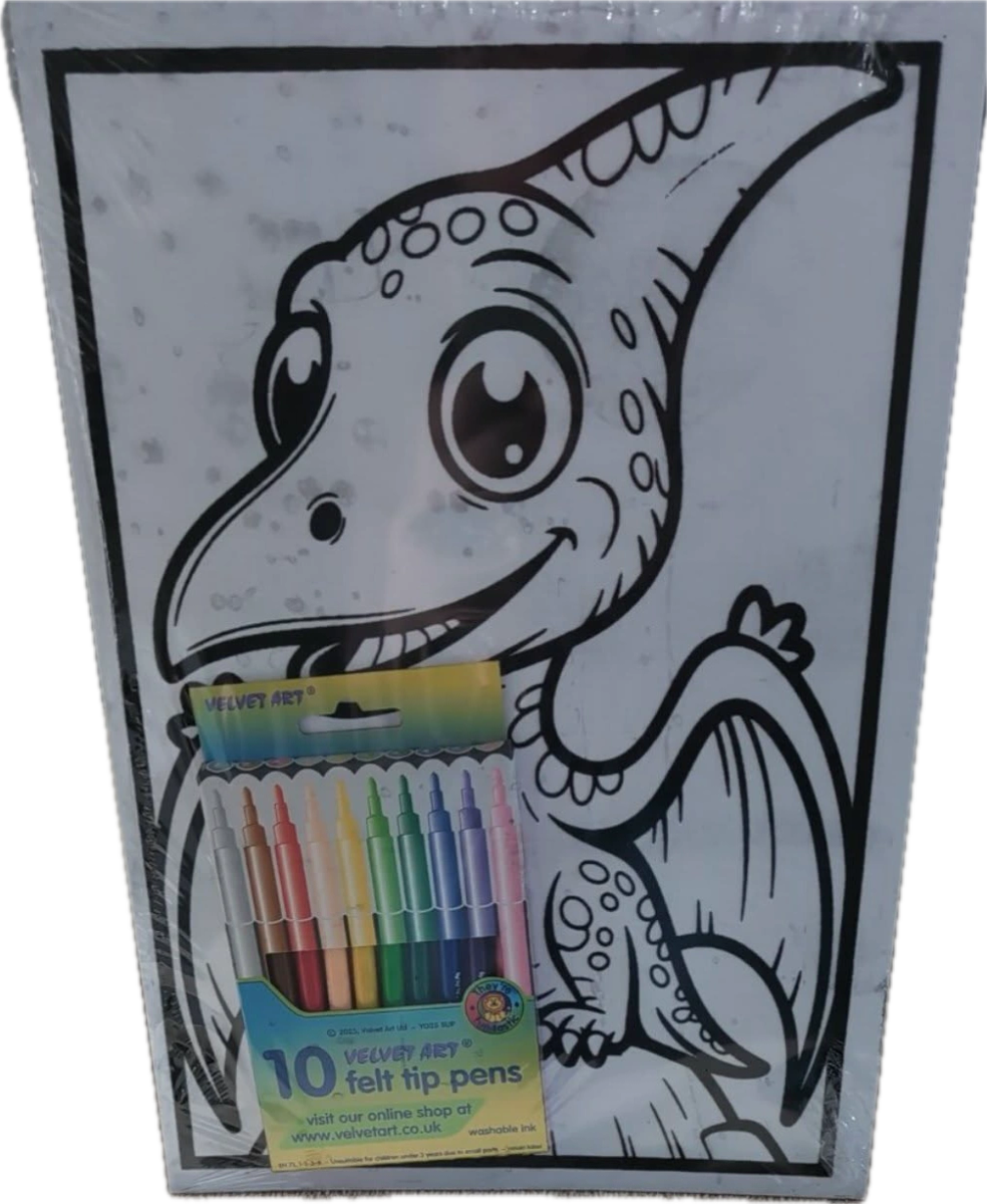 A4 Velvet Colouring Board Dinosaur Pterodactyl With 10 Felt Tips