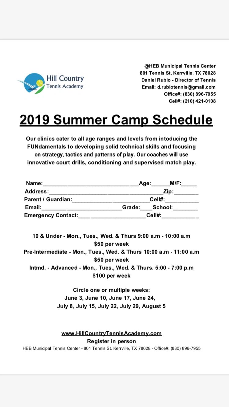 19' Summer Camp Schedule