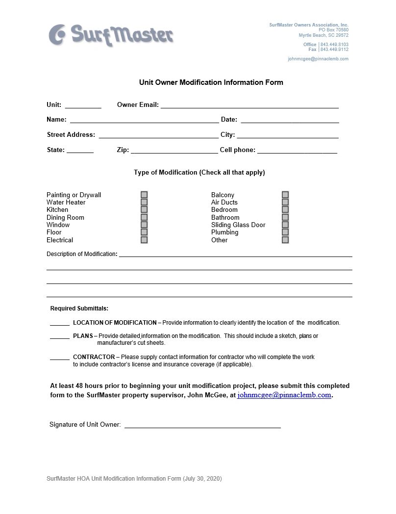 New SurfMaster HOA Form – Unit Modifications