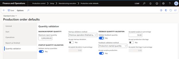How to control quantities between production operations in D365