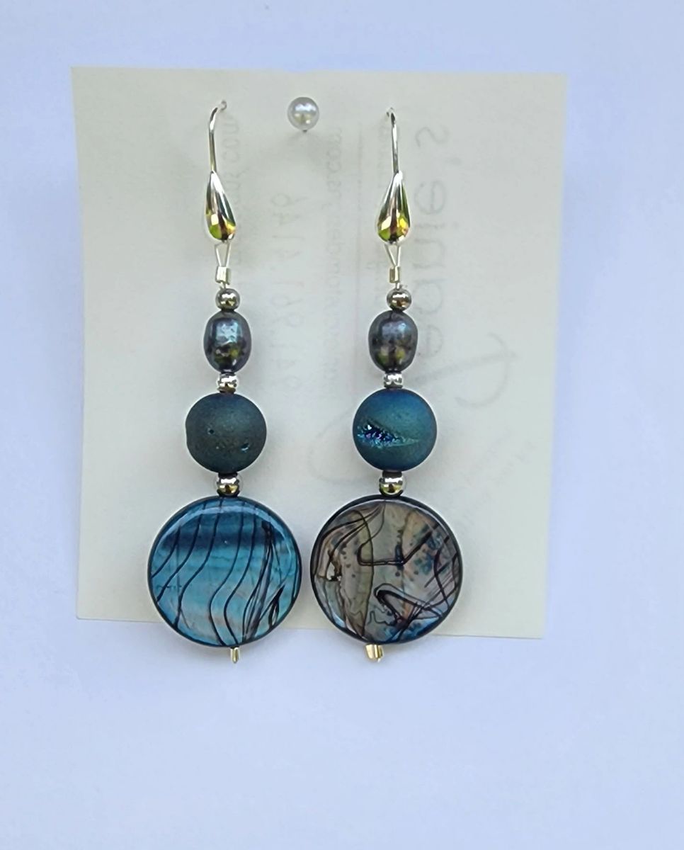 Sterling silver ear wires with deep blue pearl and Czech glass bead ...