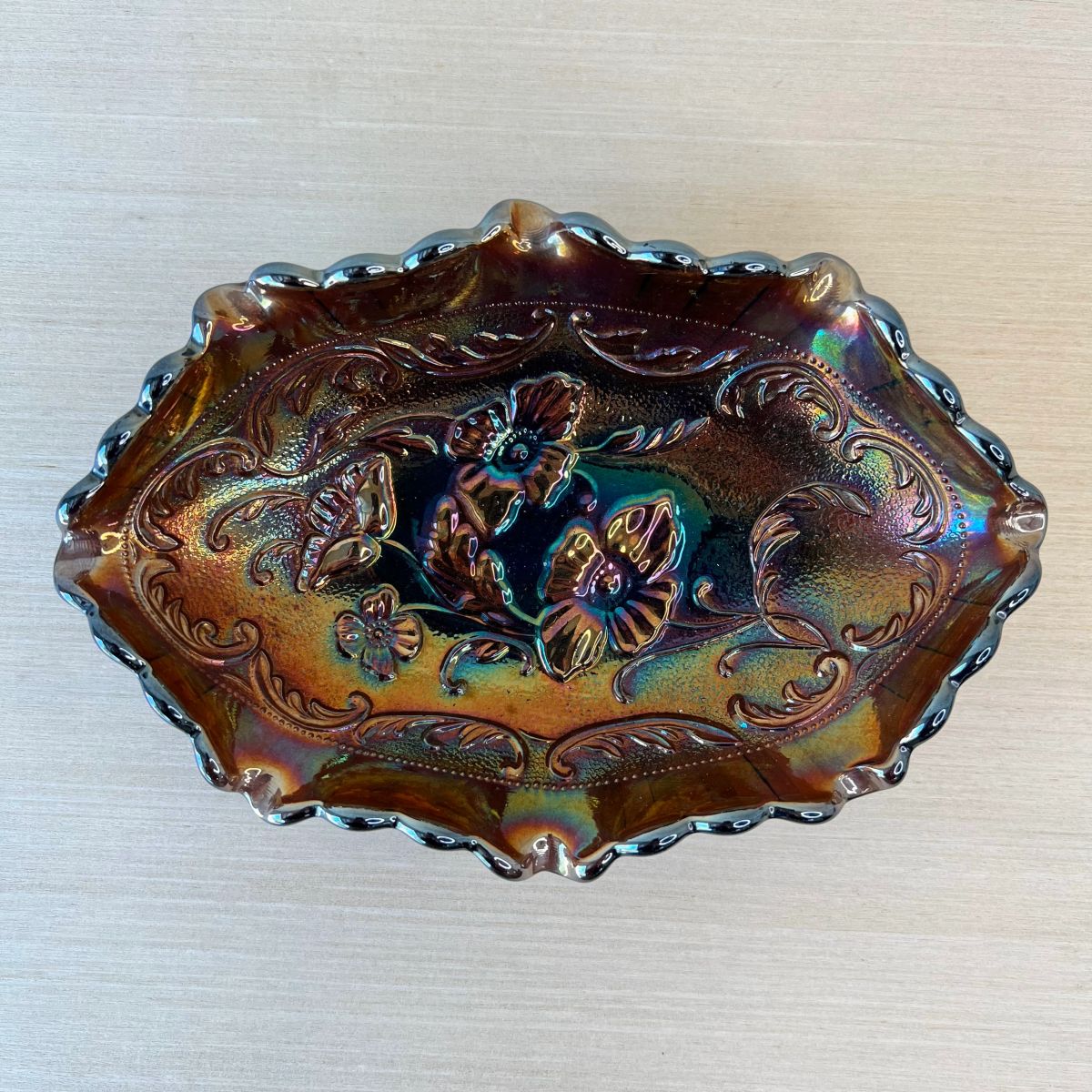 Vintage Fenton Oval Amethyst Carnival Glass Candy Dish - Poppy Design