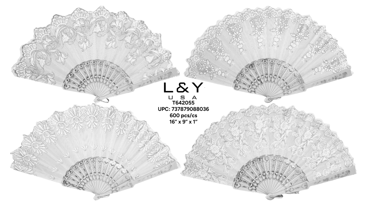 T642055 - White Hand Fans with Ornate Patterns (12 pcs)