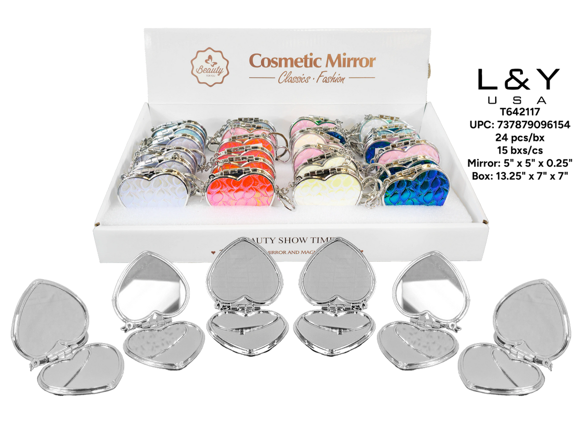 T642117 - Iridescent Heart Shaped Compact Mirror & Keychains (24 pcs)