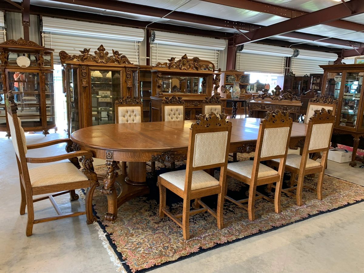 12pc. Carved Oak RJ Horner Busted Ladies Dining Room Set, Table W/4 ...