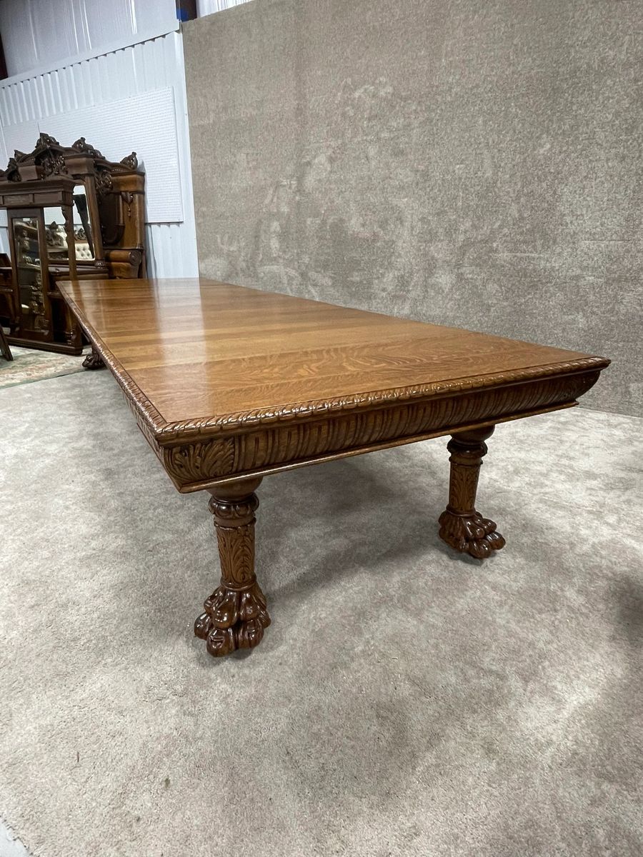 Extremely Large Oak Carved RJ Horner Dining Table W/8 Leaves