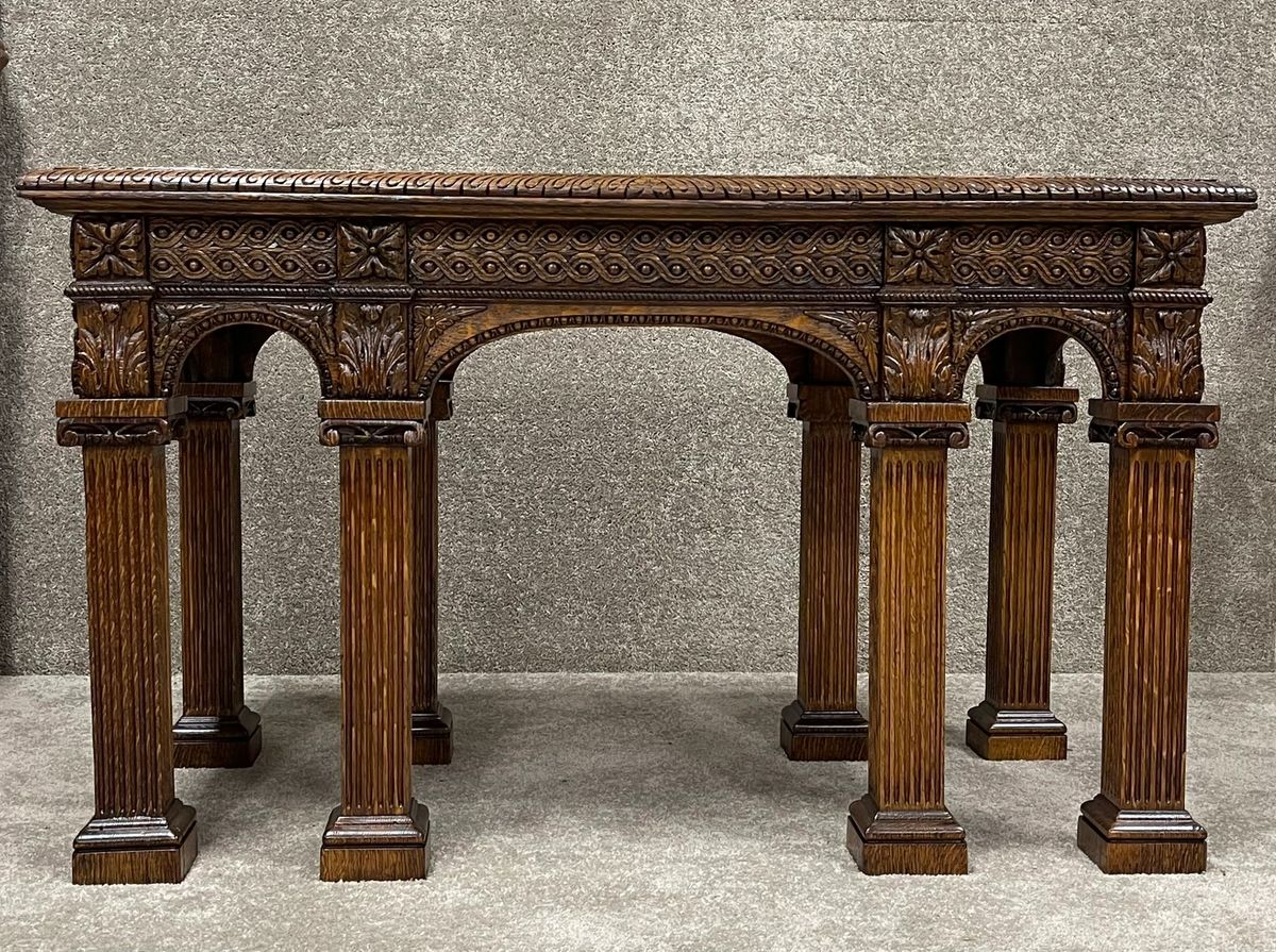 Oak 8 Leg Finely Carved Console Table W/Drawer in each End