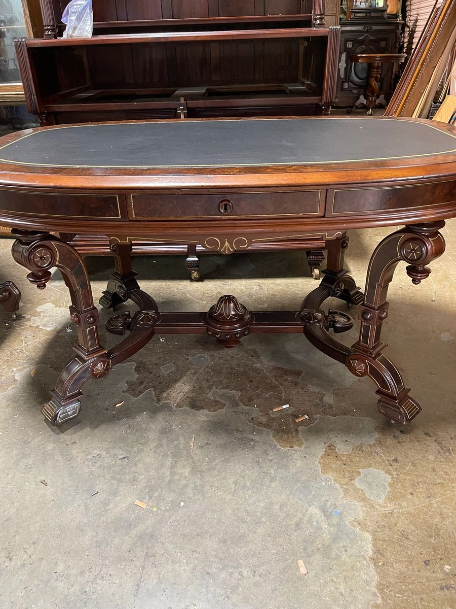 Walnut Victorian Leather Top Parlor Table W/Drawers on Each End and ...