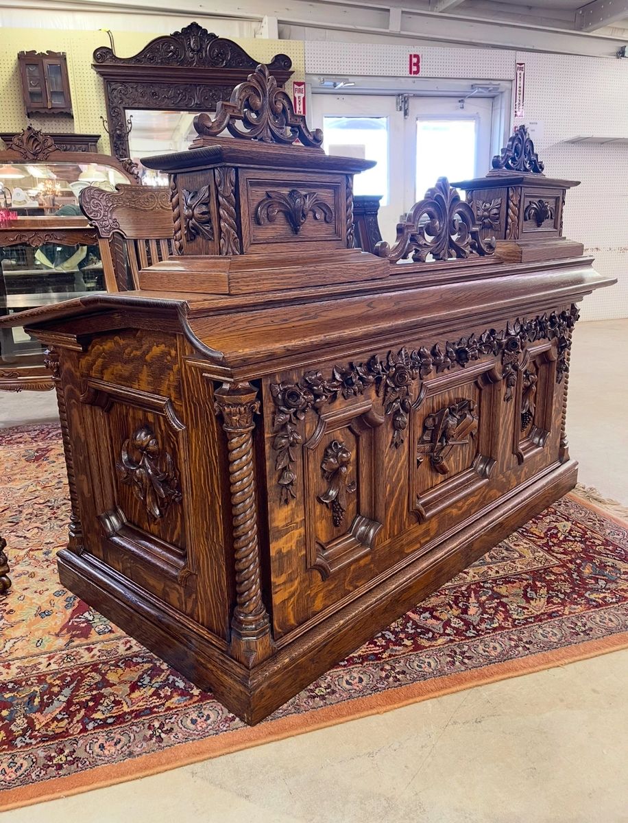 Finely Carved Oak Executive Slant Top Desk W/Leather Top