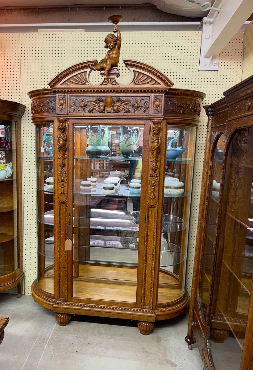 Carved Oak China Cabinet W/Mirrored Back, Glass Shelves and LED Light