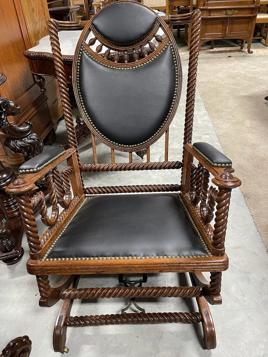 Oak Hunzinger Rocker W/Black Leather Upholstery