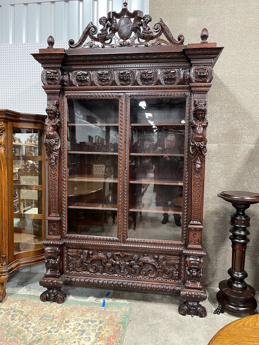Large Heavily Carved Busted Ladies Walnut 2 Door Cabinet