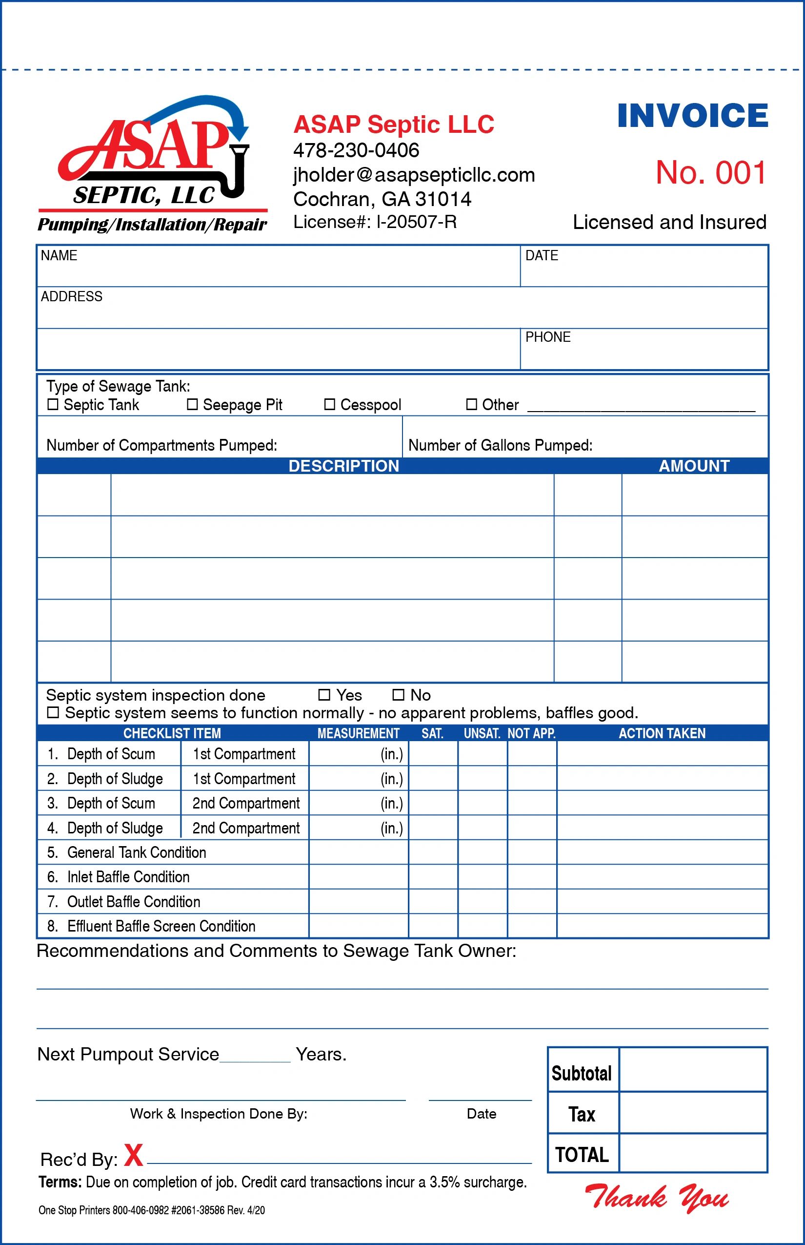 Septic System Pumping Receipt