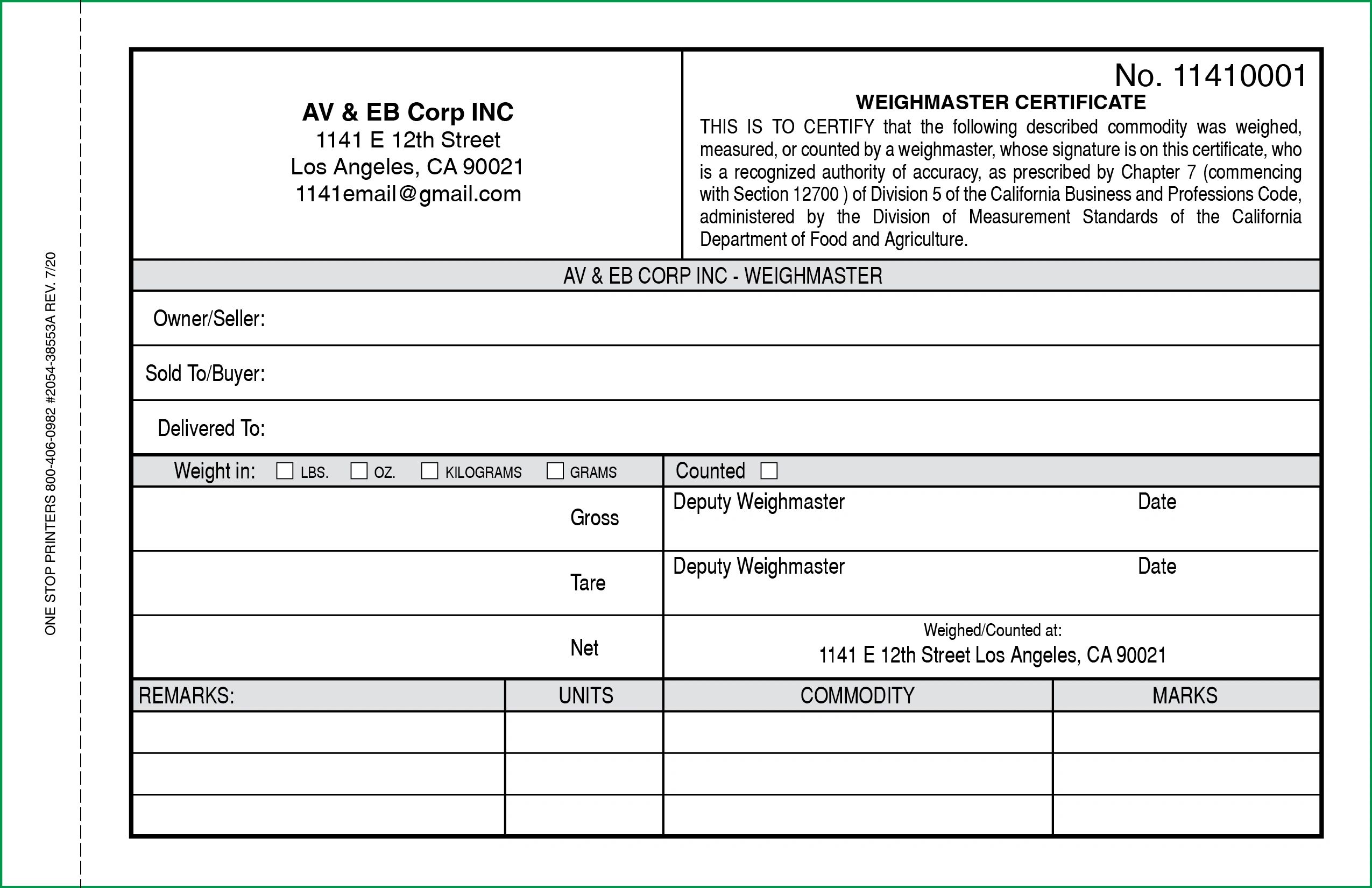 Cannabis Weighmaster Certificate