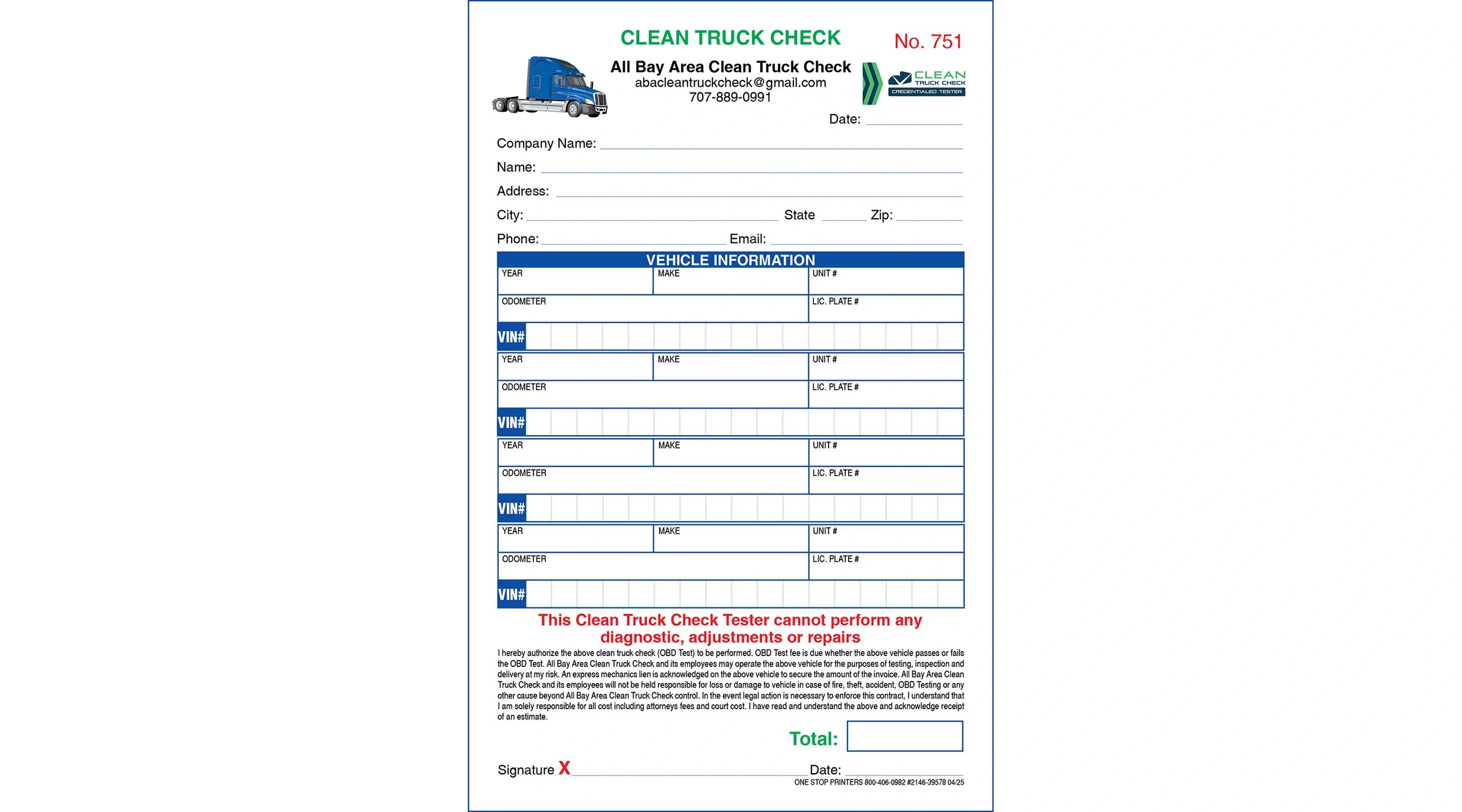 Diesel Truck Smog Check Invoice