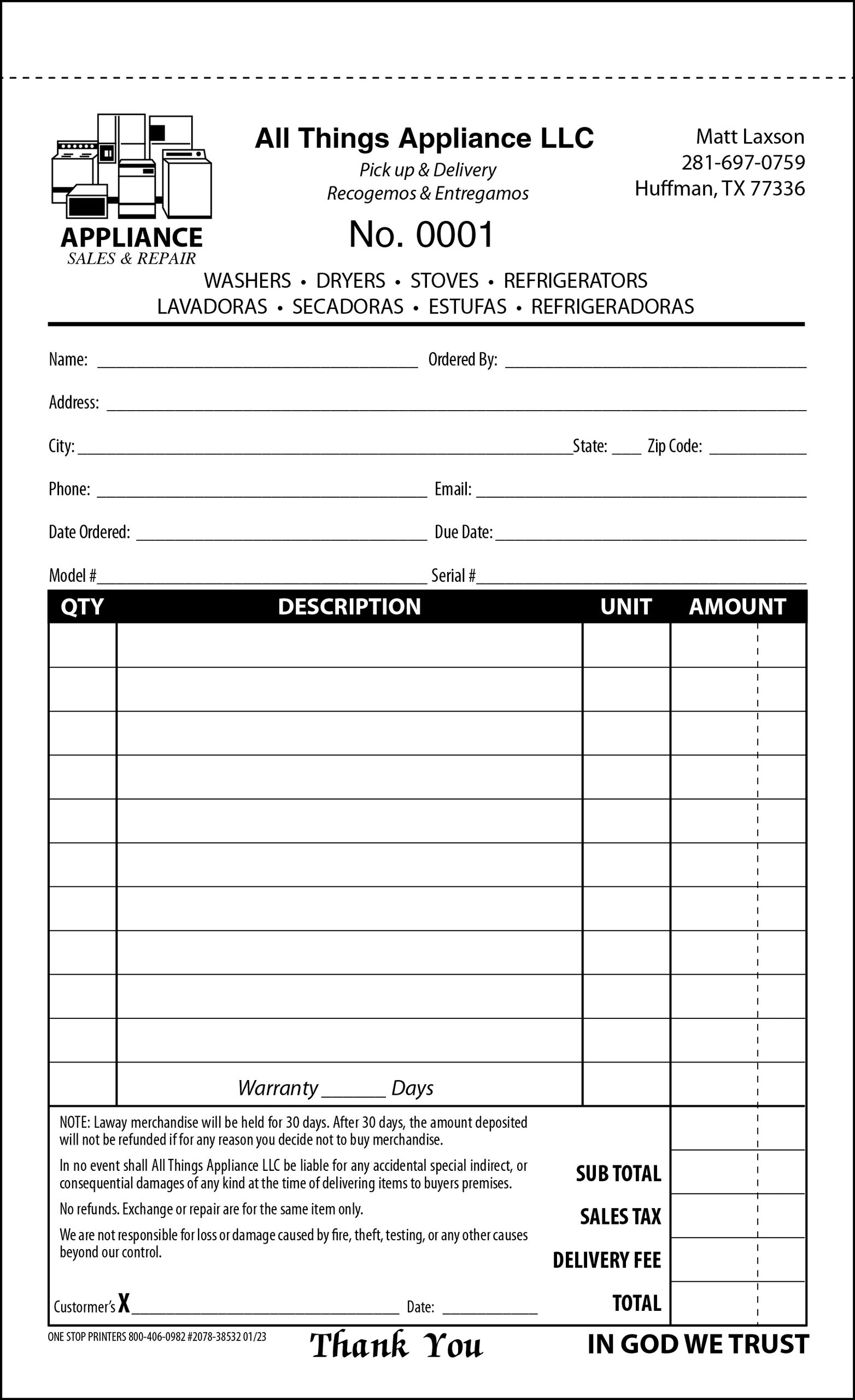 Appliance Sales Invoice