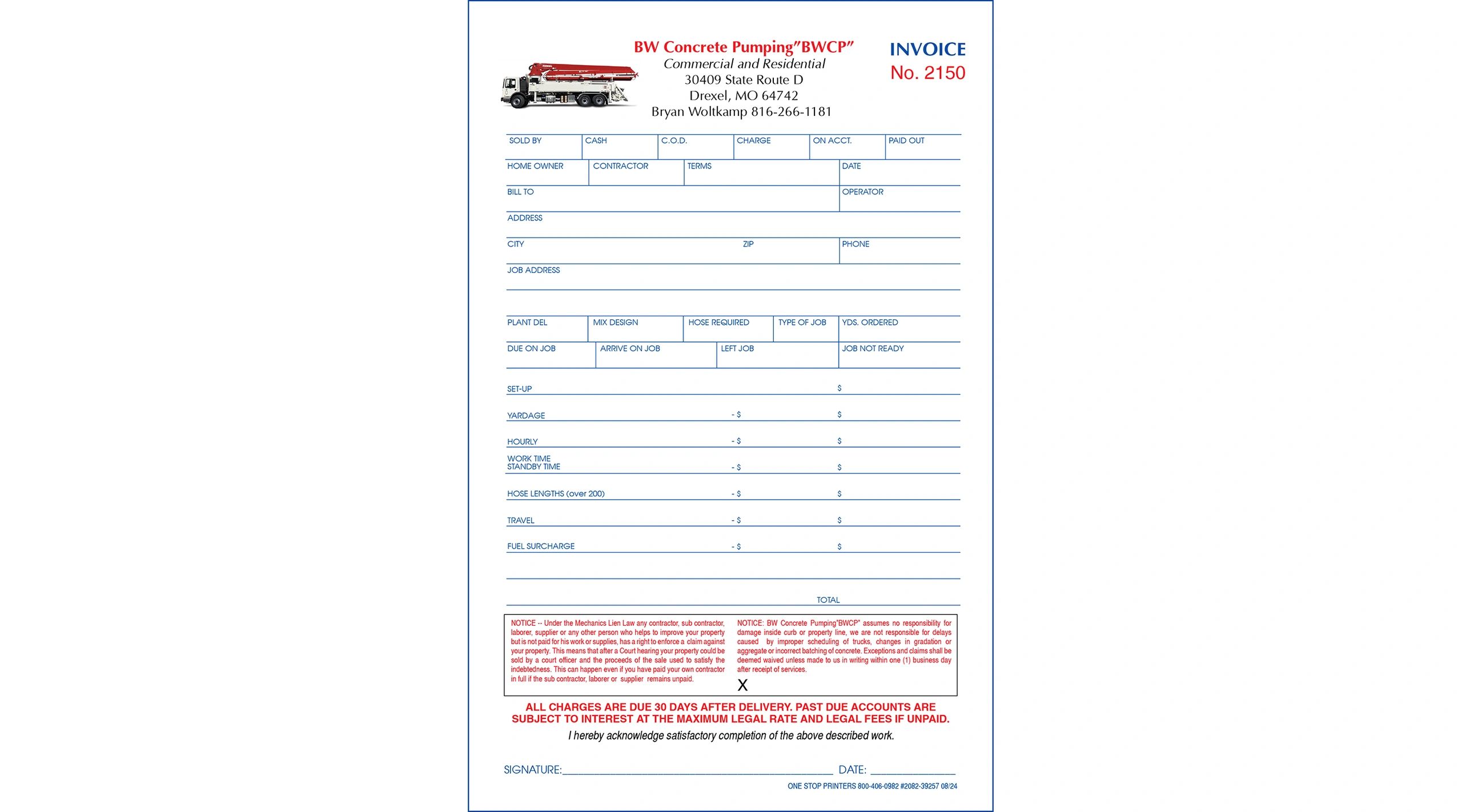 Septic Tank Pumping Invoice