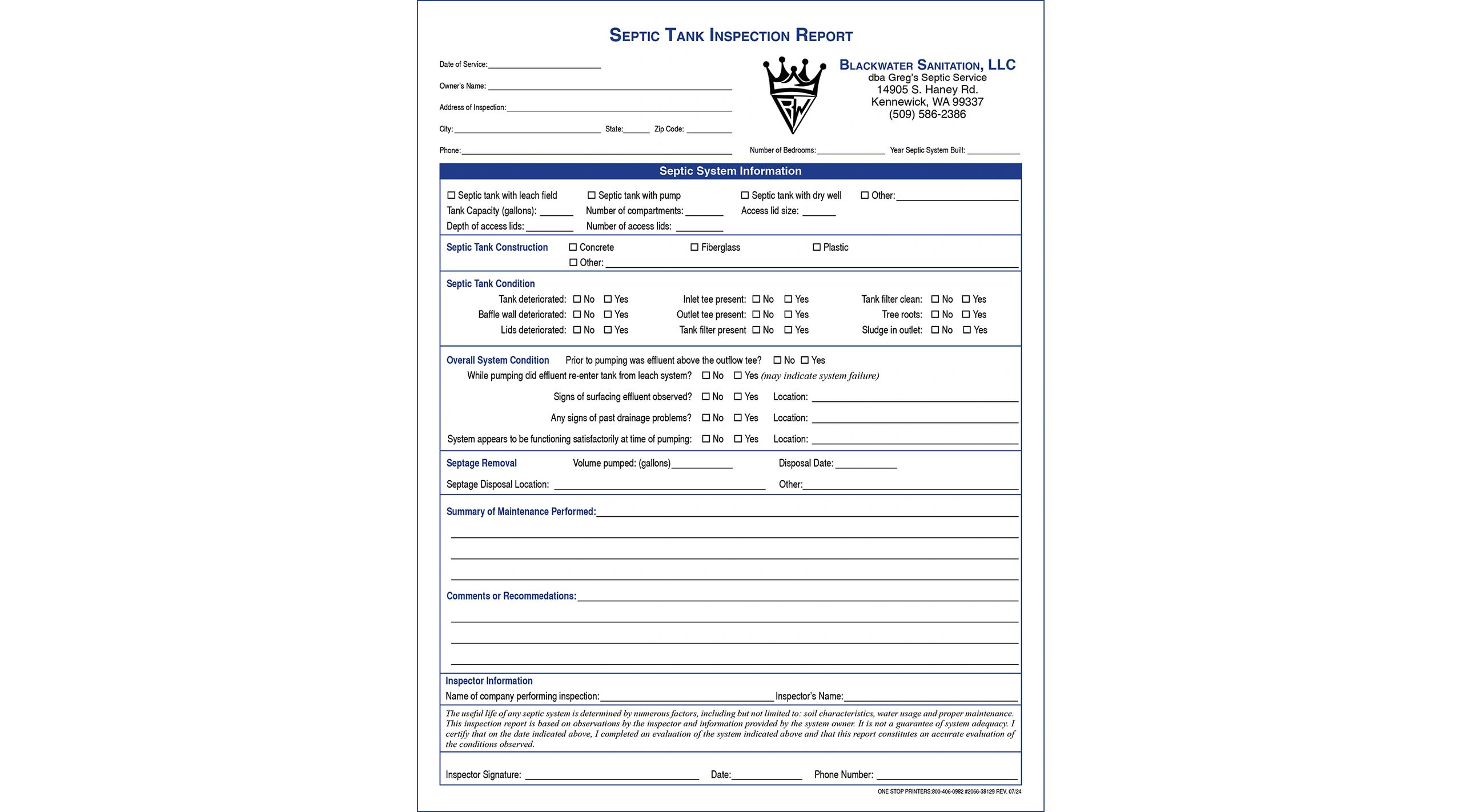 Septic Tank Inspection Report