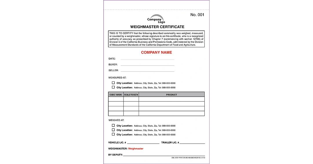 Multiple Locations Weighmaster Certificate for California