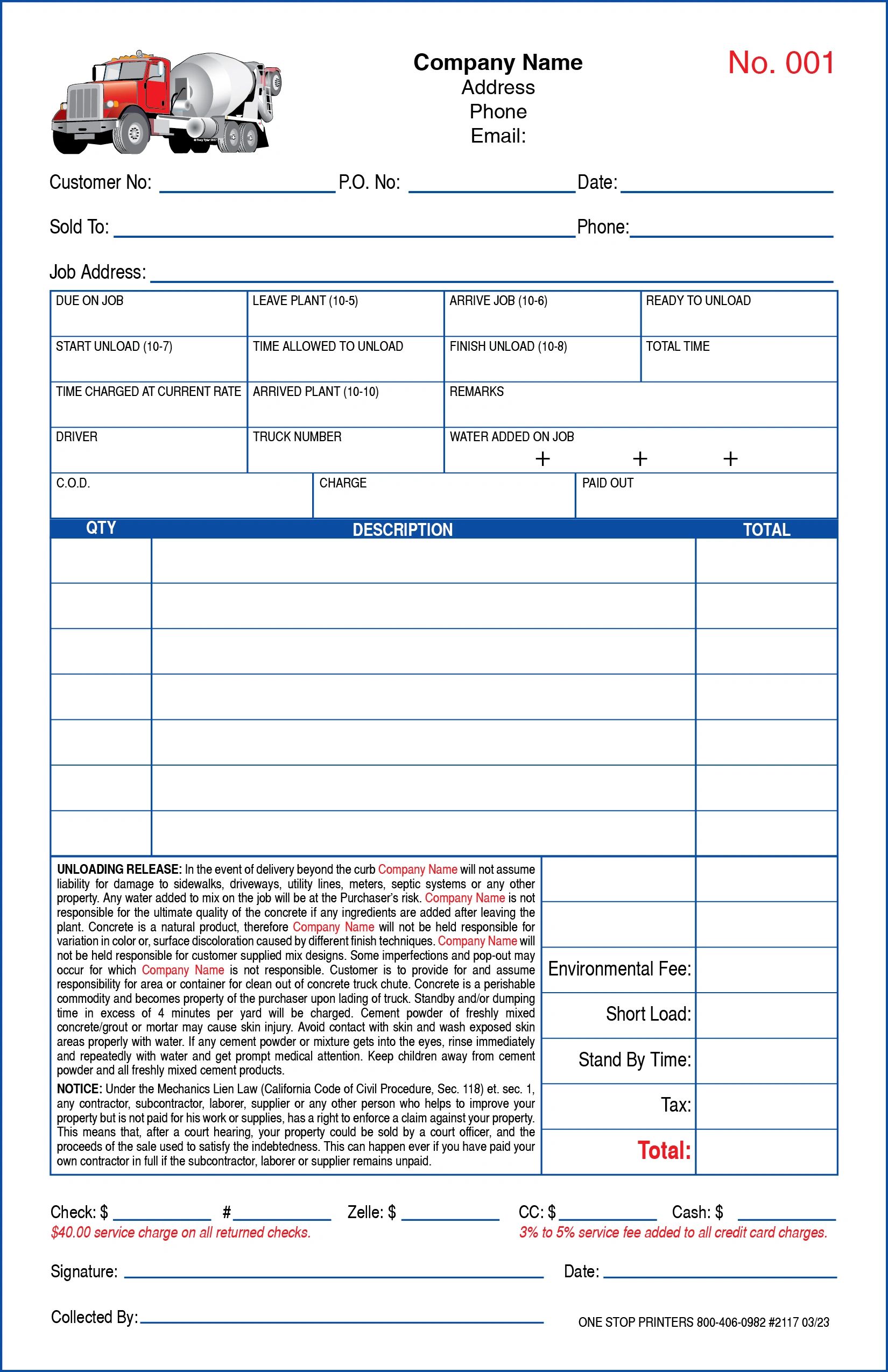 Concrete Delivery Invoice and Work Order