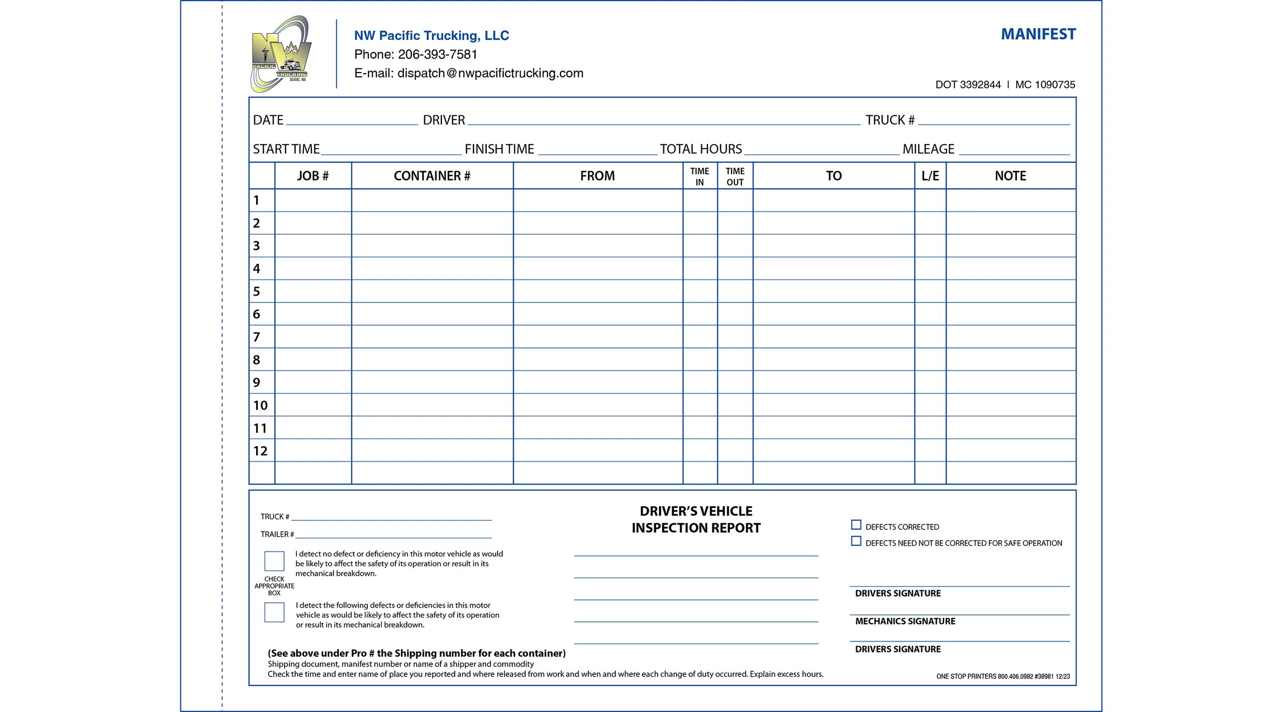 Custom Container Truck Manifest and Vehicle Inspection Report