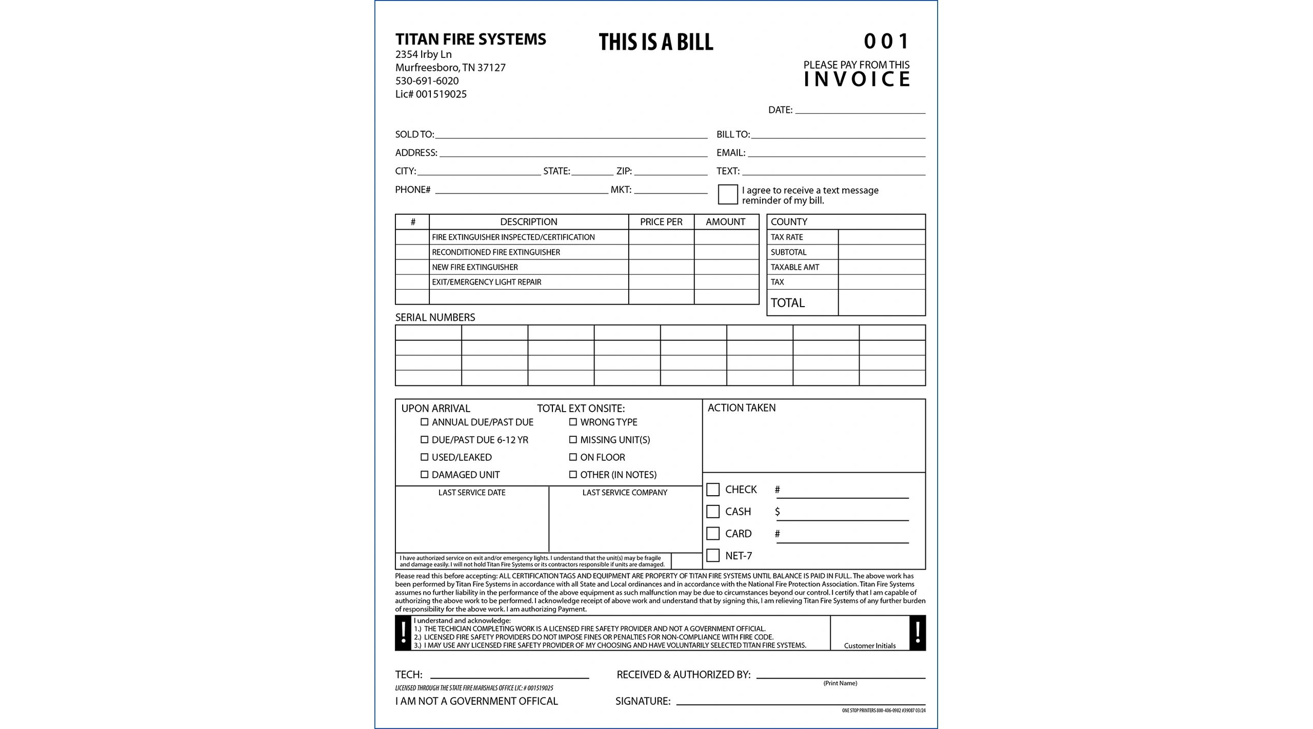 Custom Titan Fire Systems Invoice by One Stop Printers