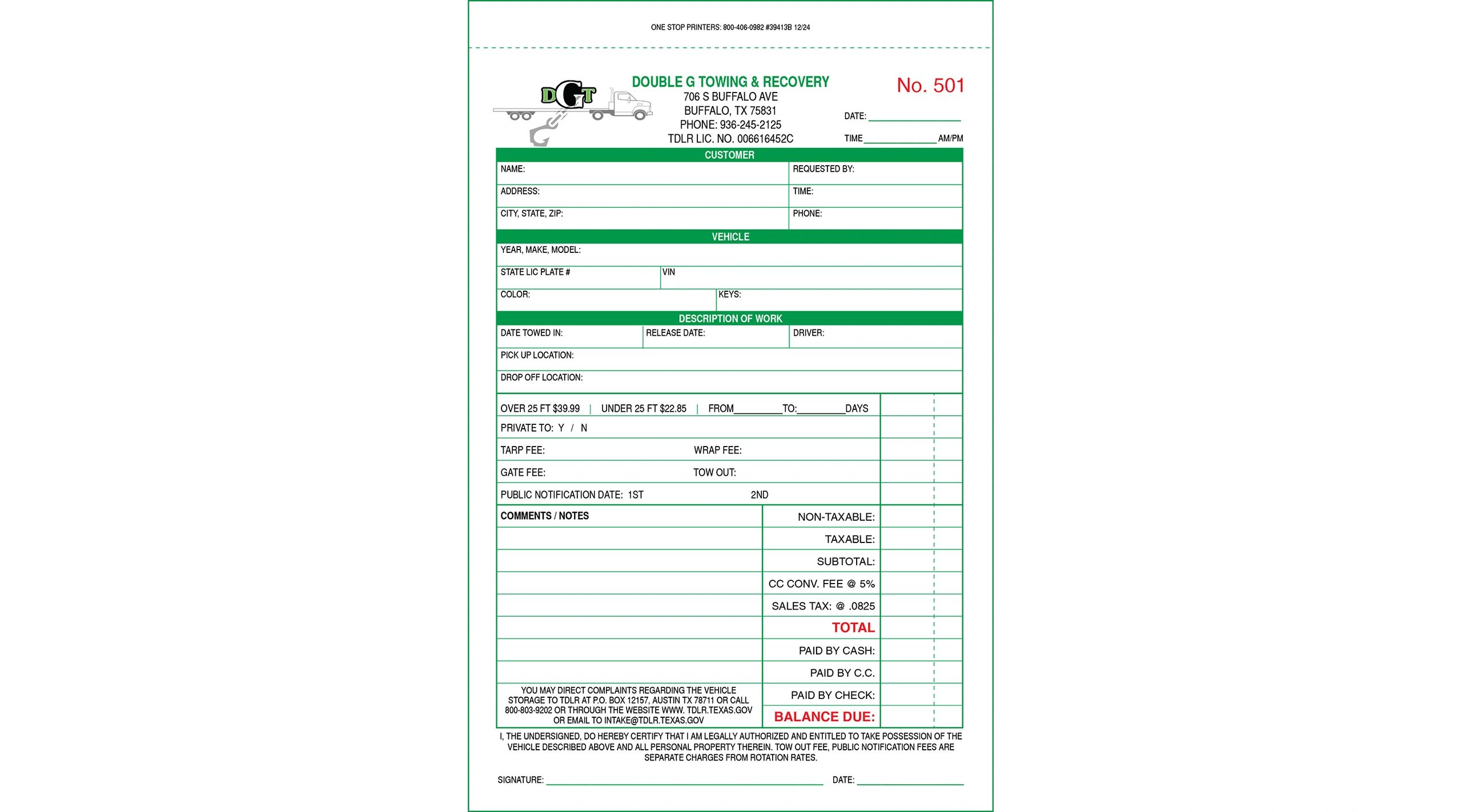 Texas Tow Yard Vehicle Storage Receipt