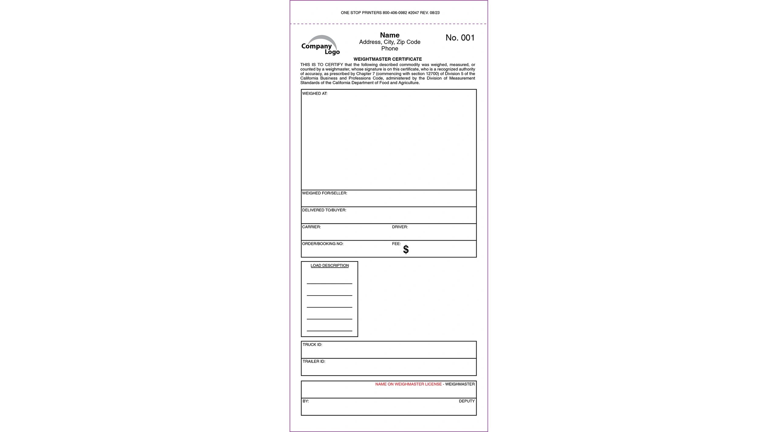 California Fiber Weighmaster Certificate