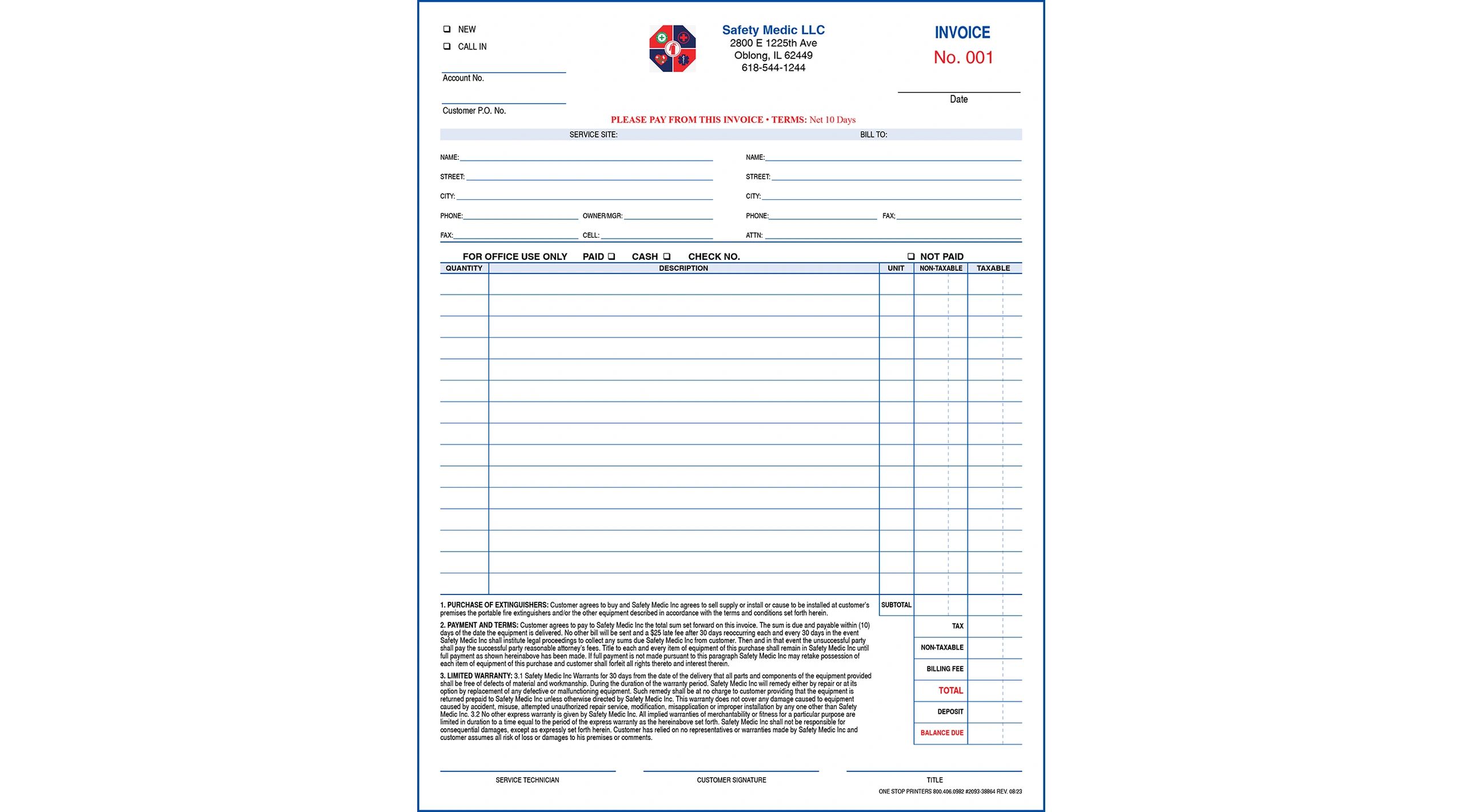 Fire Protection Service Company Invoice and Work Order