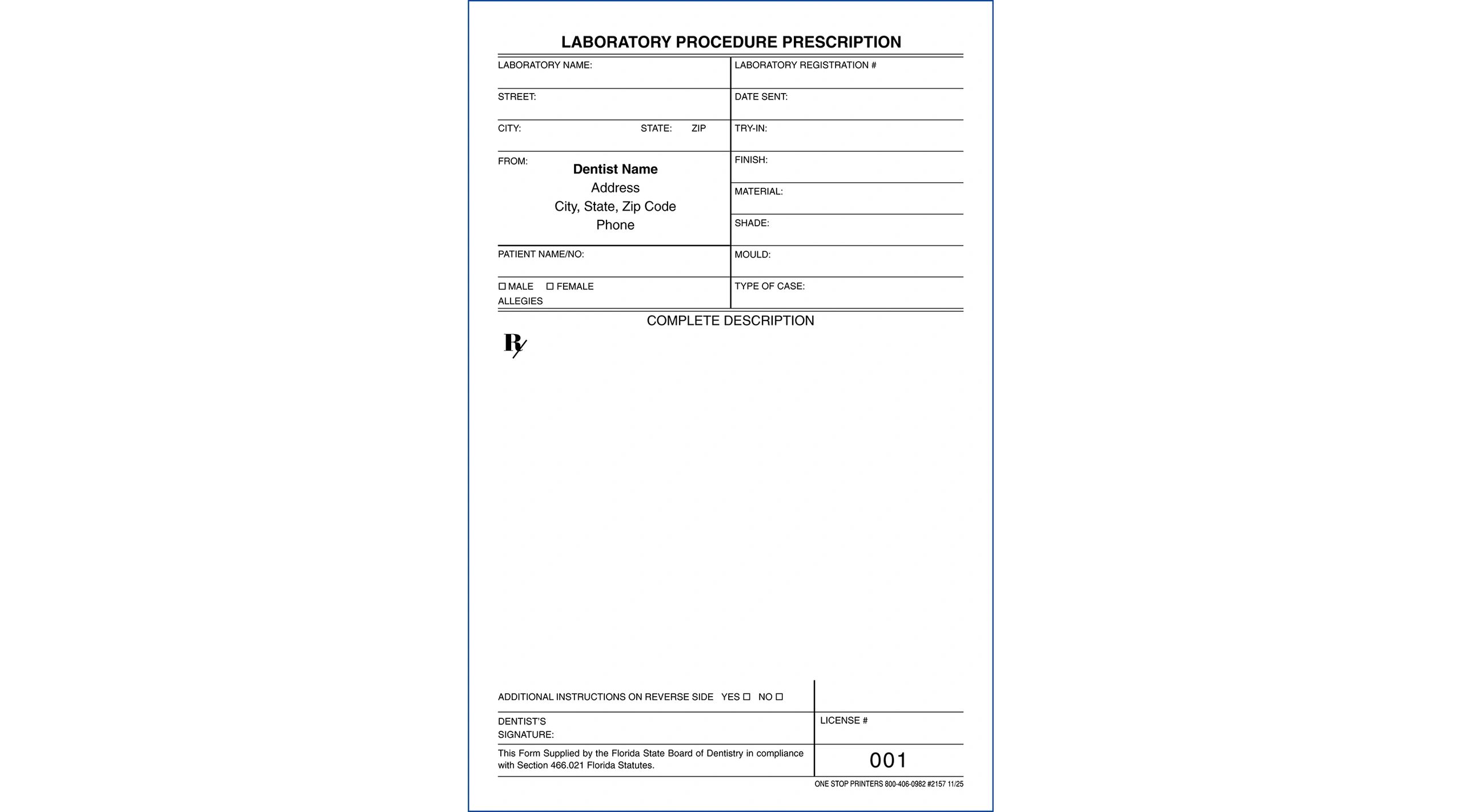 Florida Dental Lab Slip