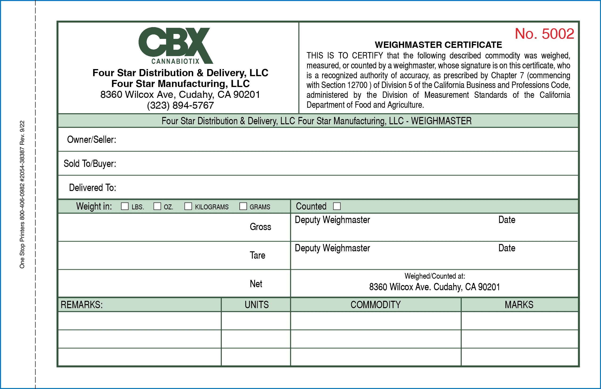 Duplicate Cannabis Weighmaster Certificate
