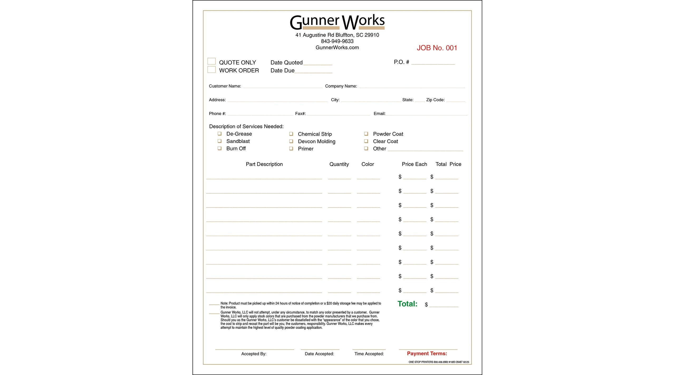 Powder Coating Estimate and Work Order