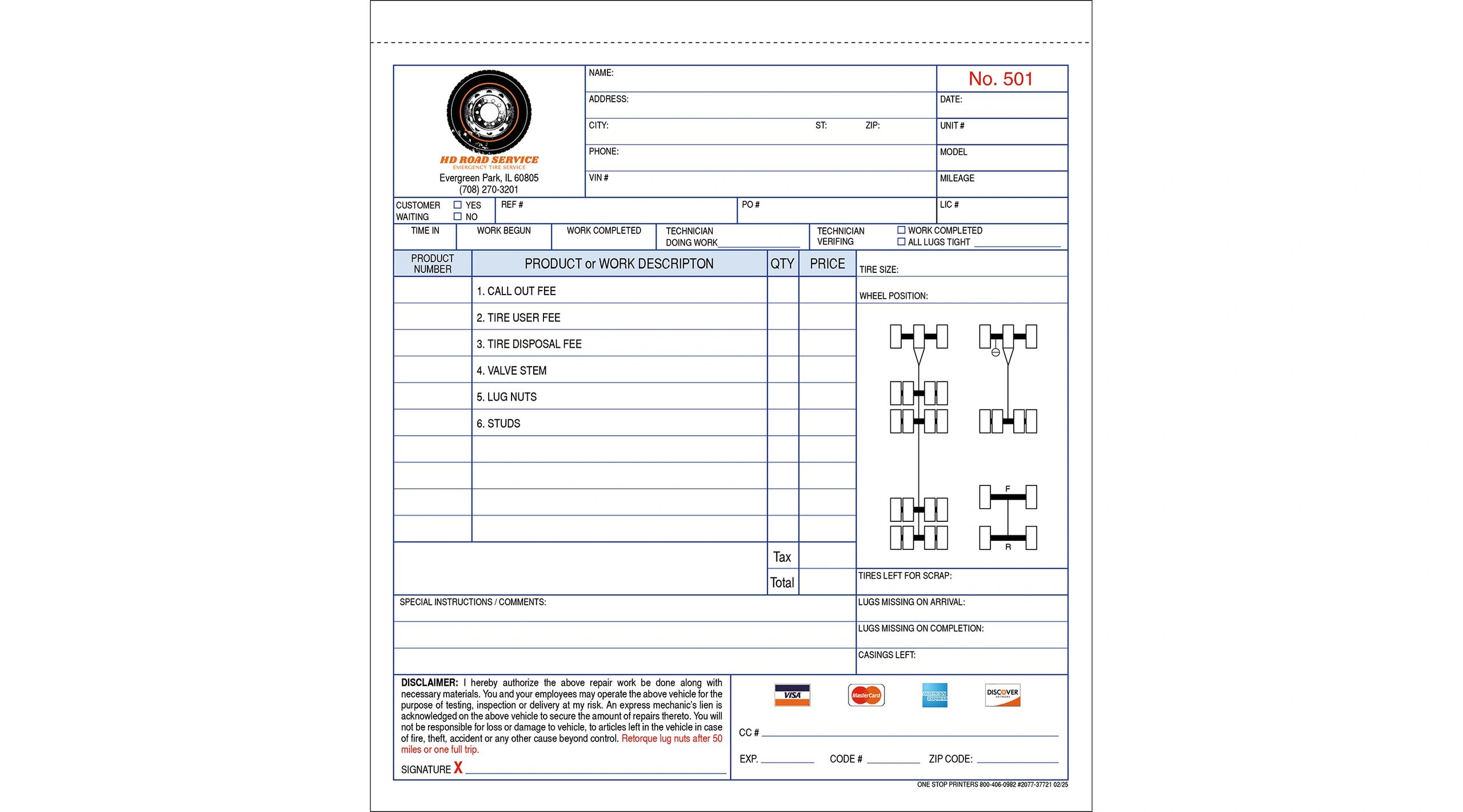 Tire Repair Invoice and Work Order
