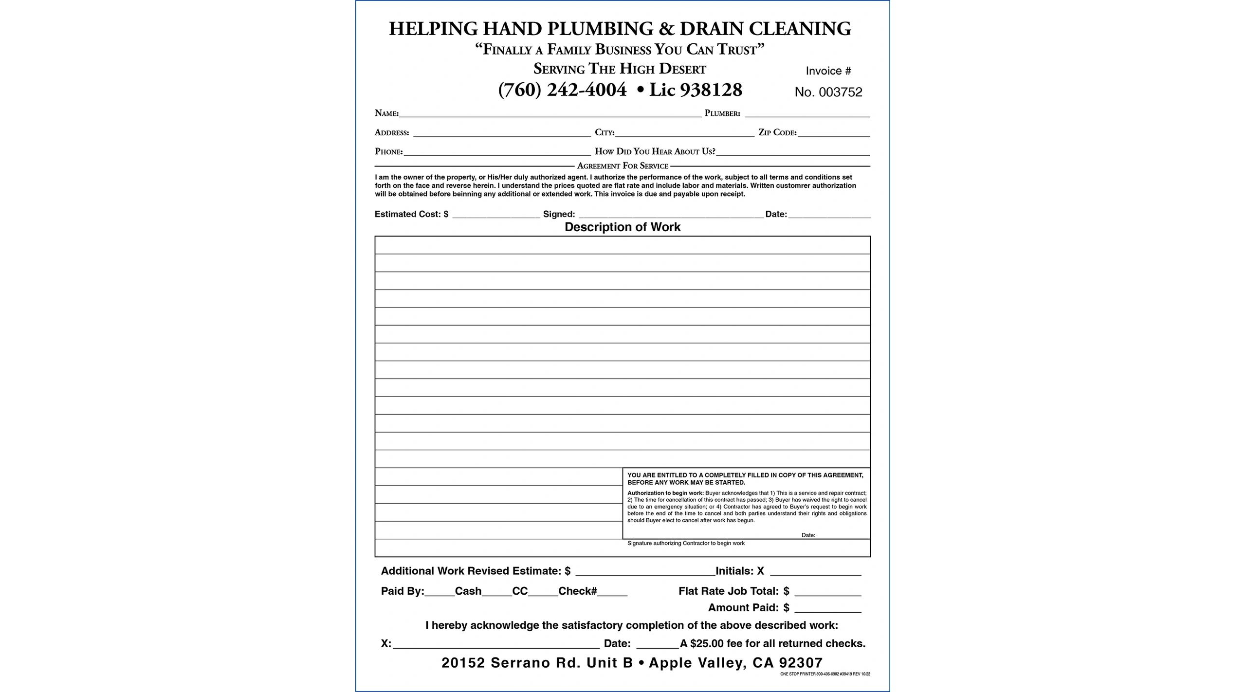 Plumbing and Drain Cleaning Invoice
