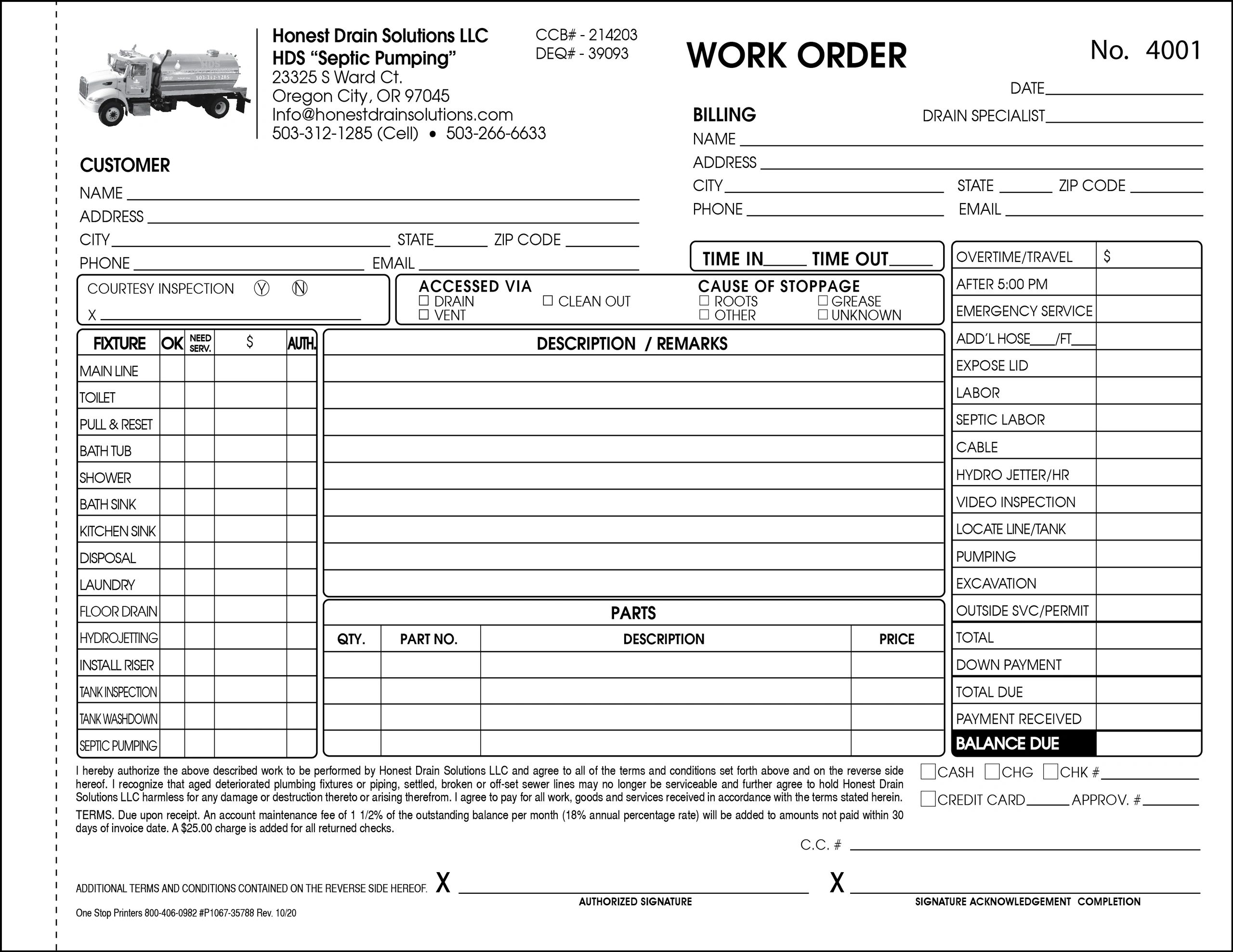 Septic System Invoice, Plumbing Work Order and Plumbing Invoice