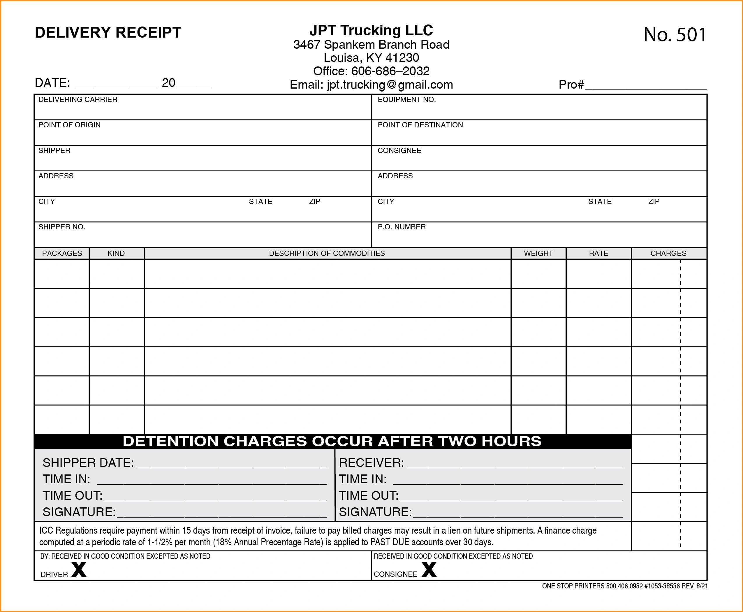 Trucking Delivery Receipt and Proof of Delivery