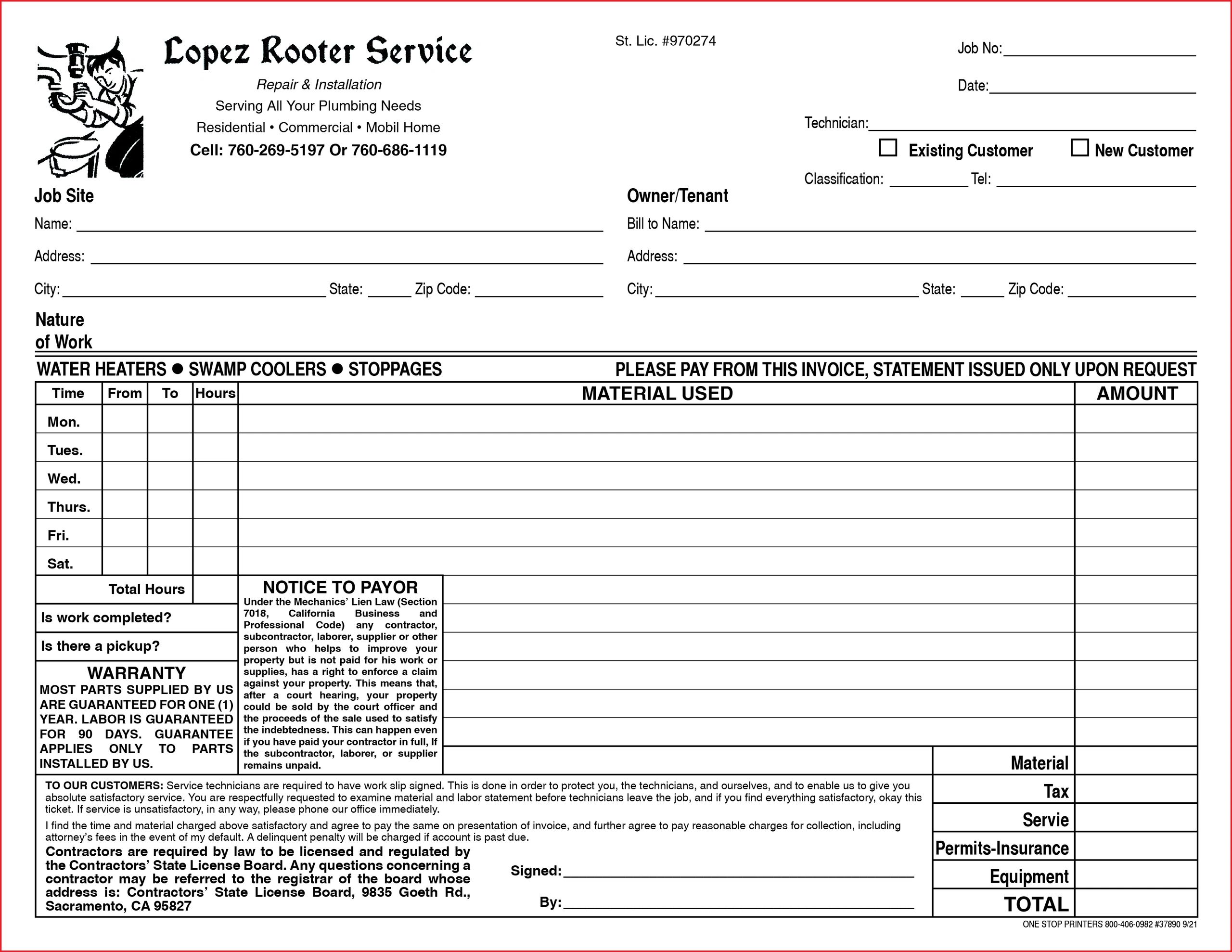 Plumbing Work Order, Service Order and Invoice