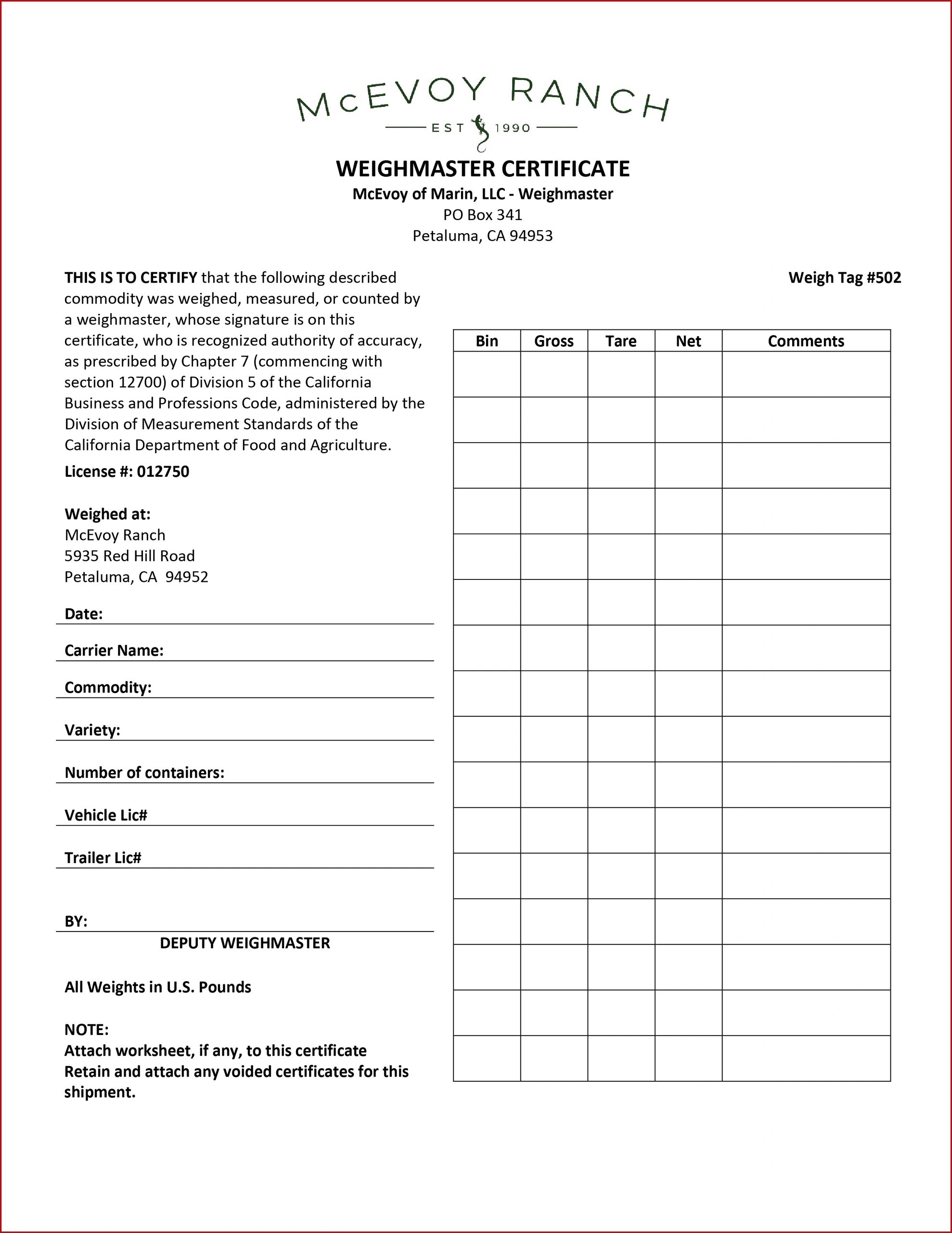 Vineyard Weighmaster Certificate