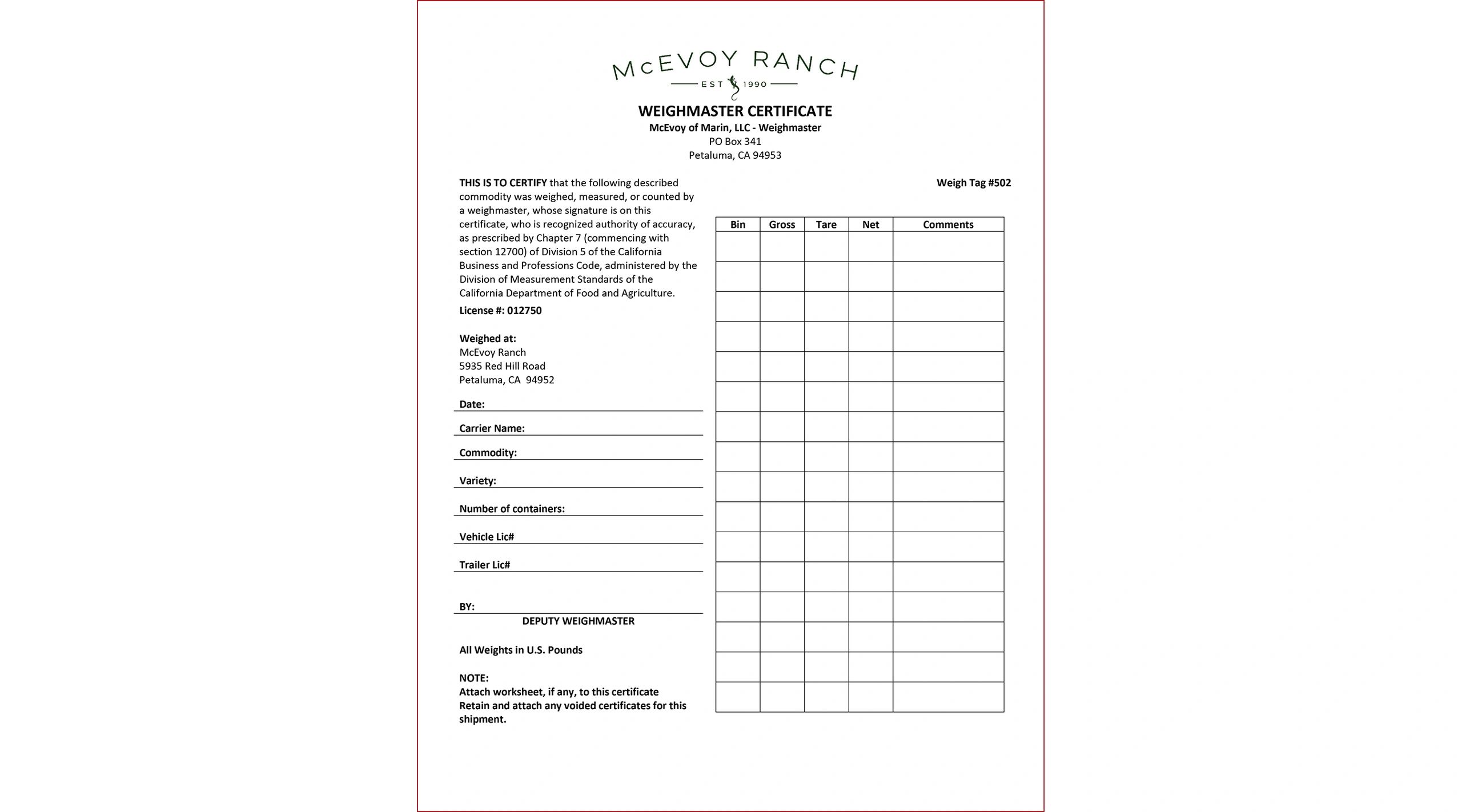 Vineyard Weighmaster Certificate