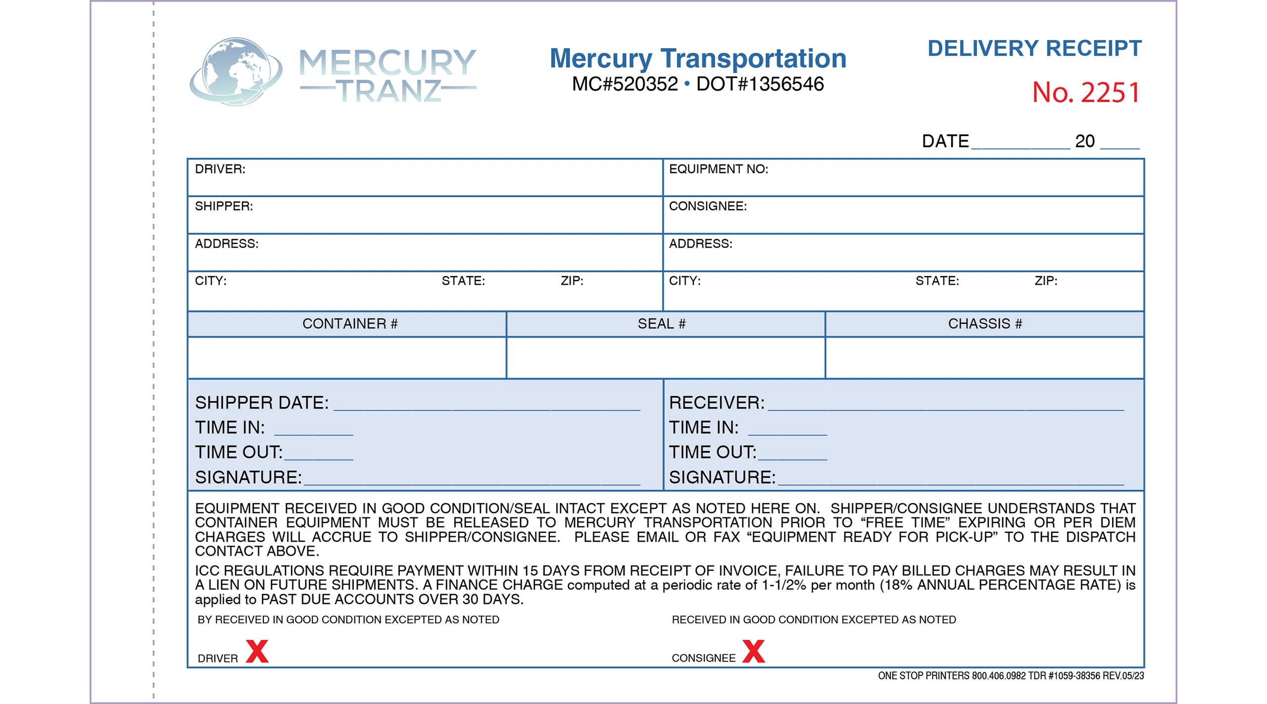 Container Truck Delivery Receipt