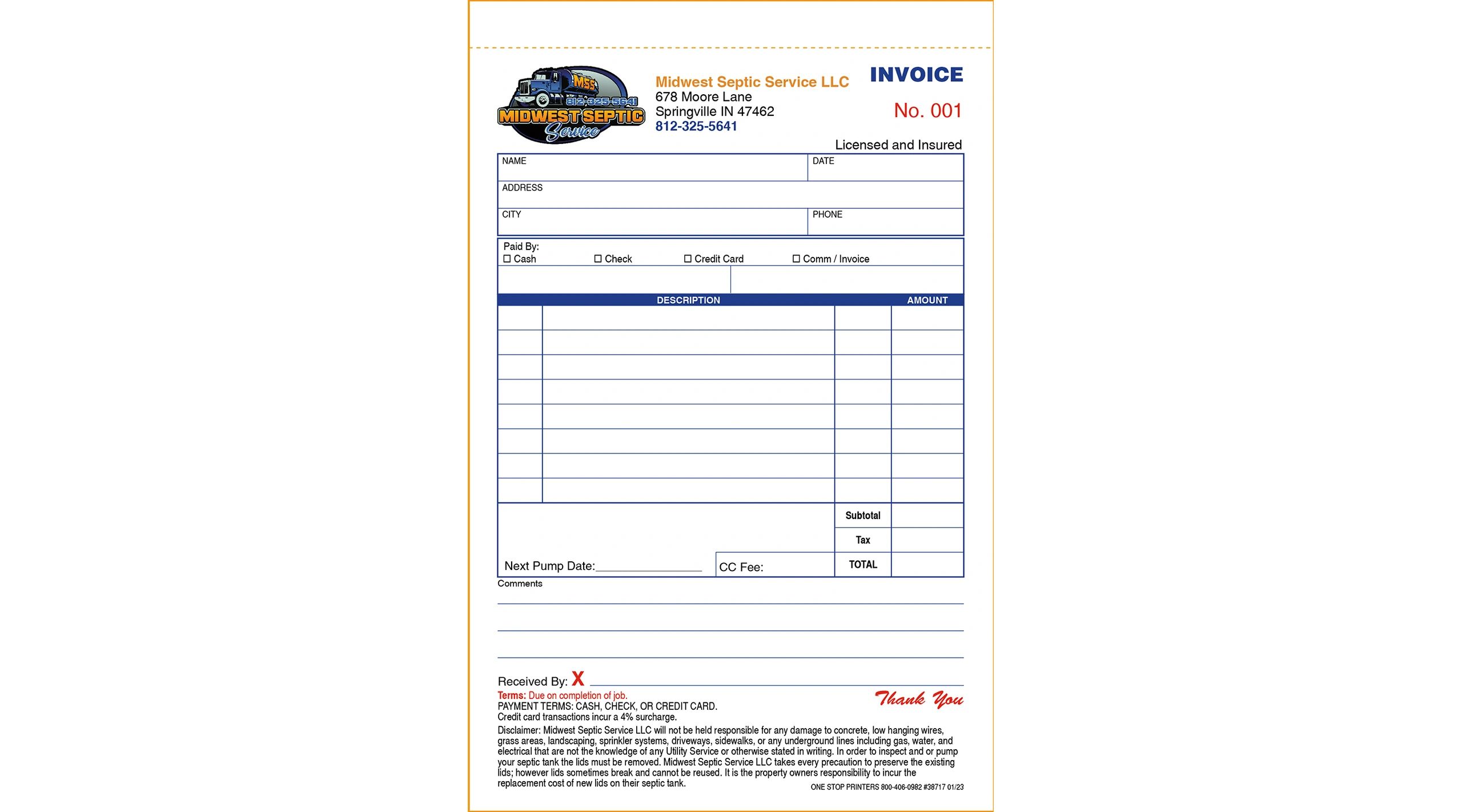 Duplicate Septic Pumping Invoice