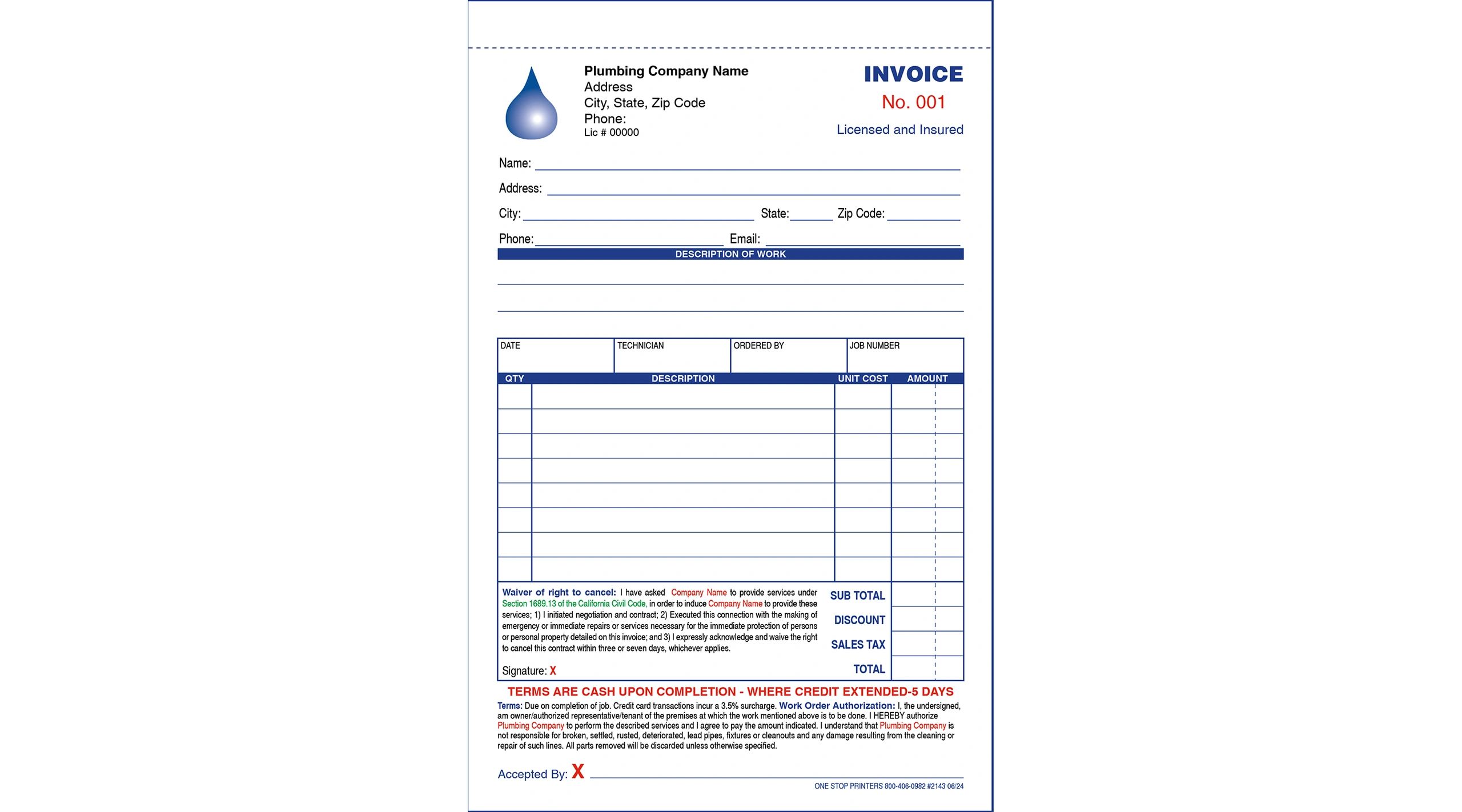 Plumbing and Drain Cleaning Receipt/Invoice