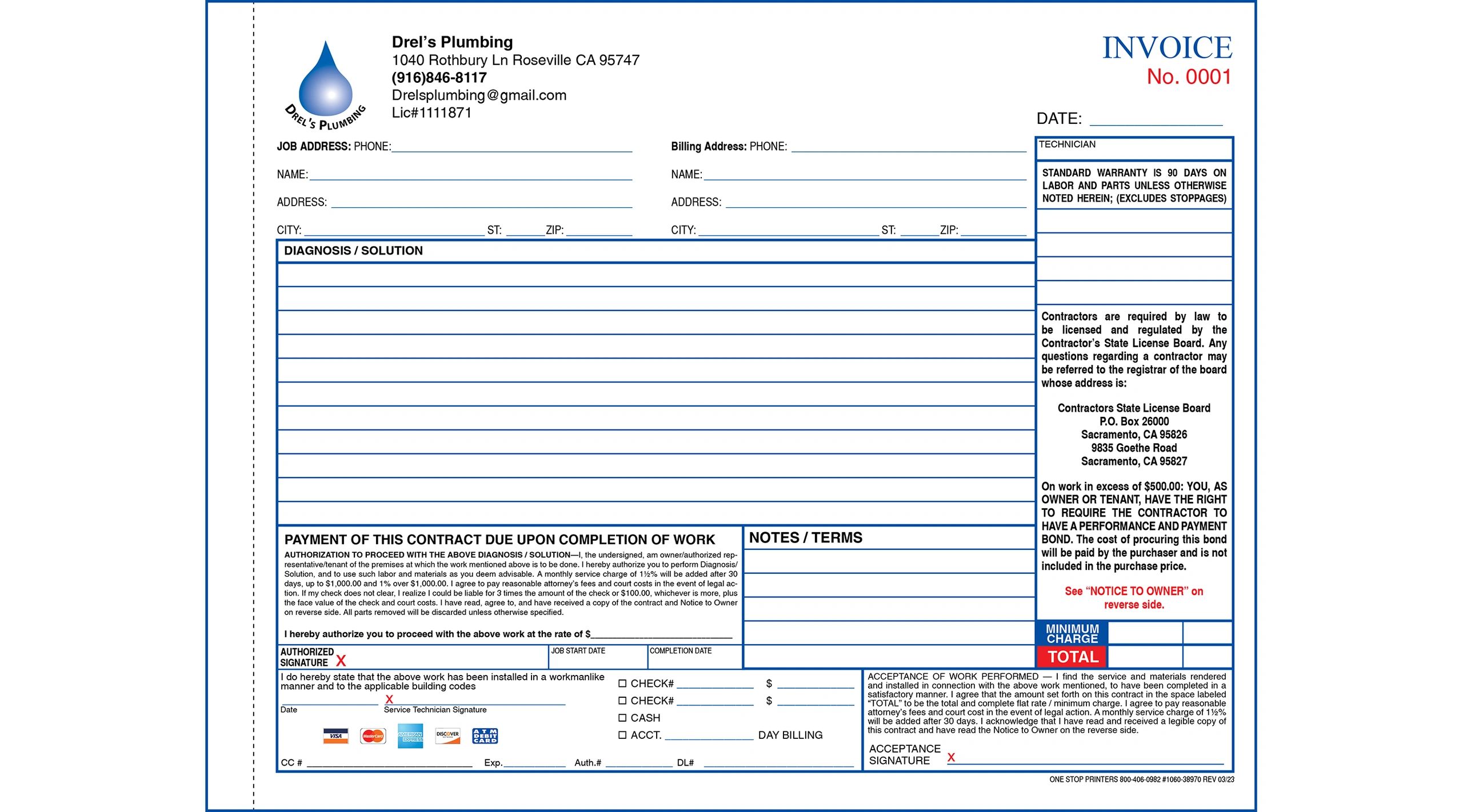 Plumbing Repair Invoice and Work Order
