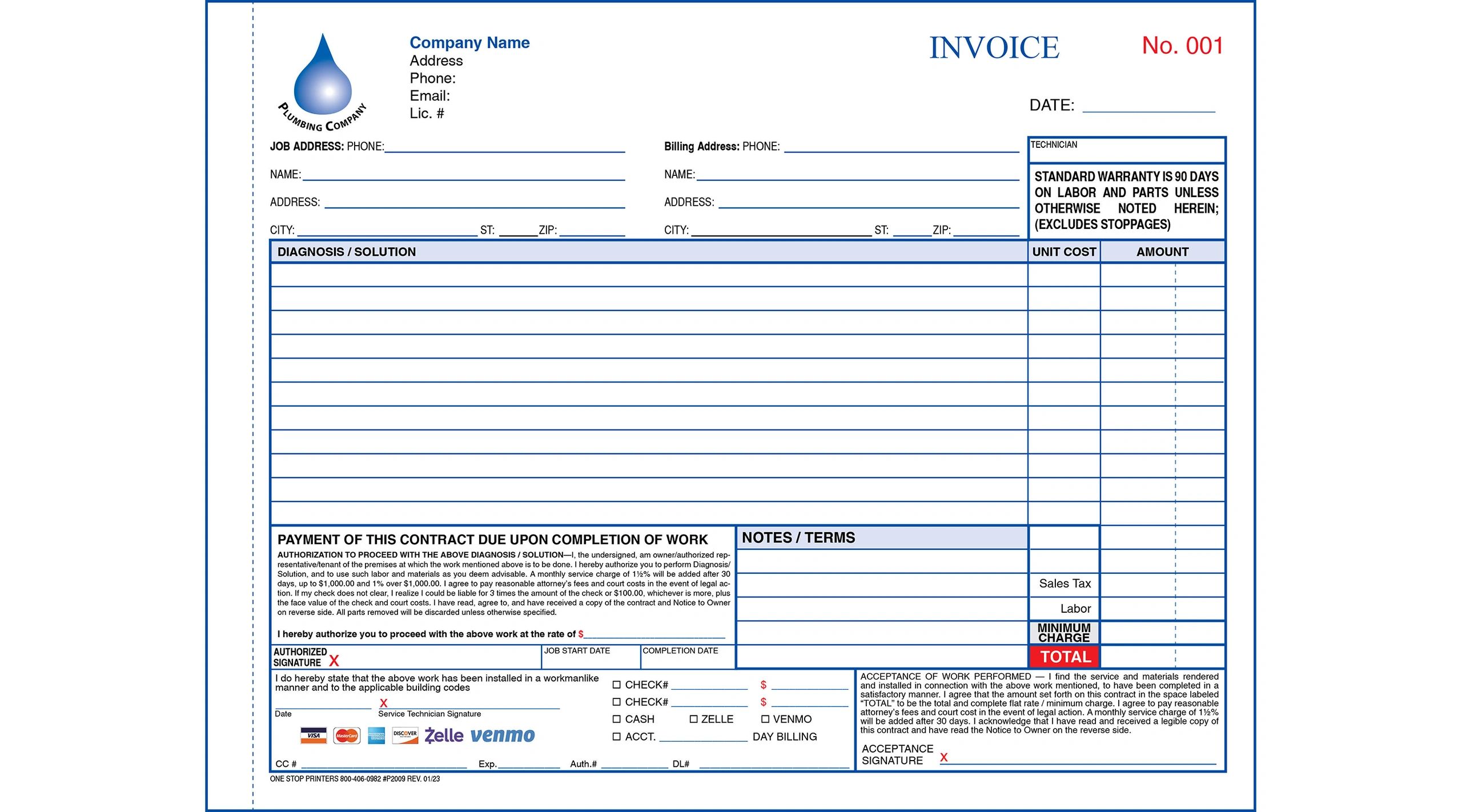 Plumbing Receipt/Invoice/Work Order