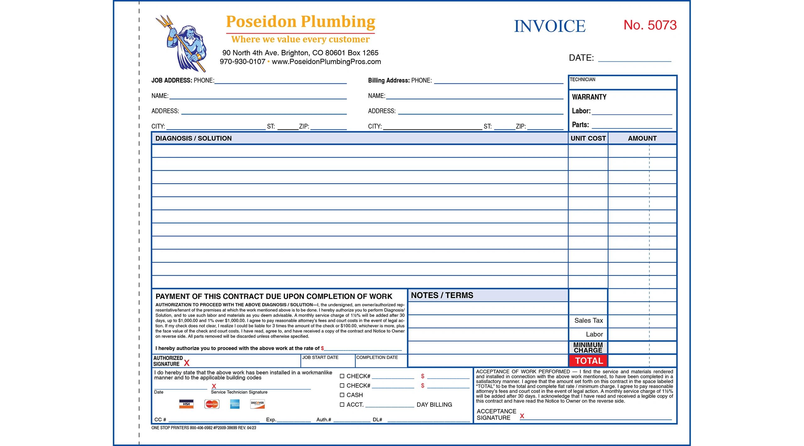 Plumbing Invoice Work Order